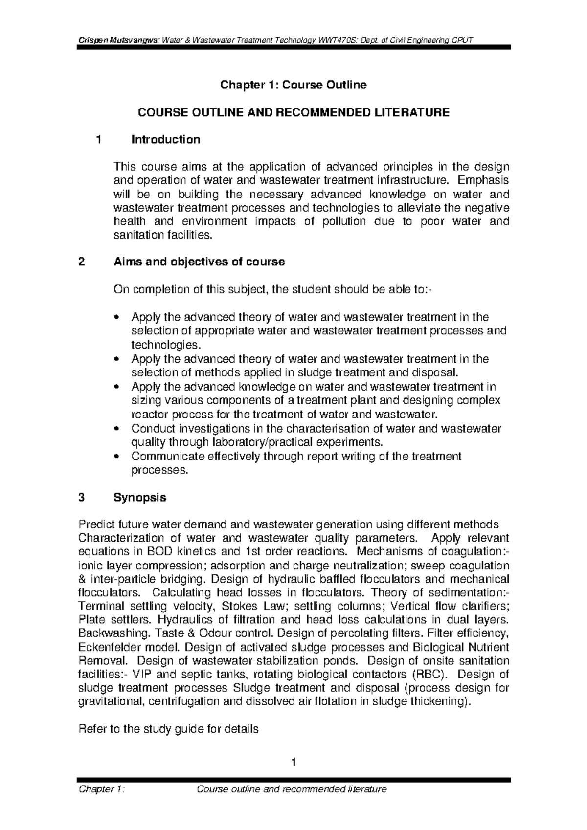 Chapter 1 Introduction & Course Outline 30 May 2021 - Crispen Mutsvangwa: Water & Wastewater ...