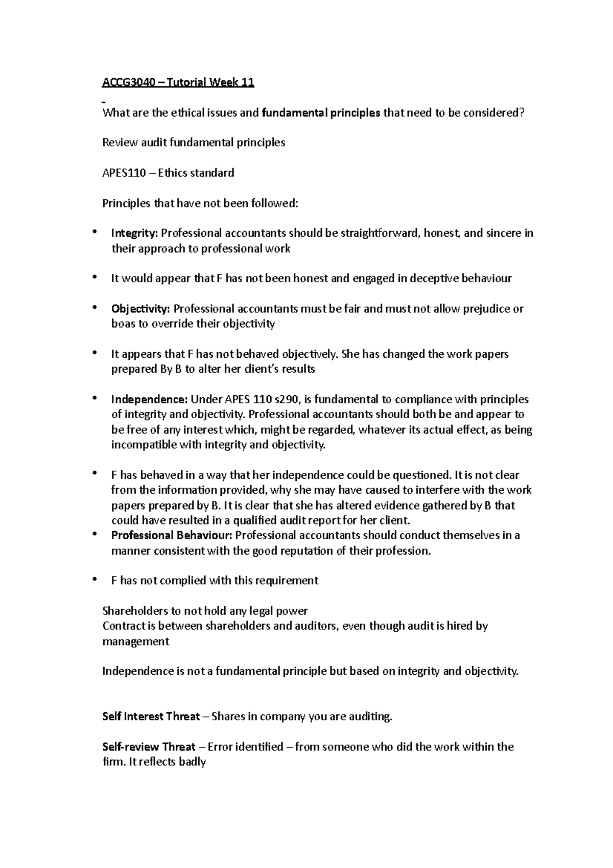 Accg3040 week 11 - ACCG3040 – Tutorial Week 11 What are the ethical ...