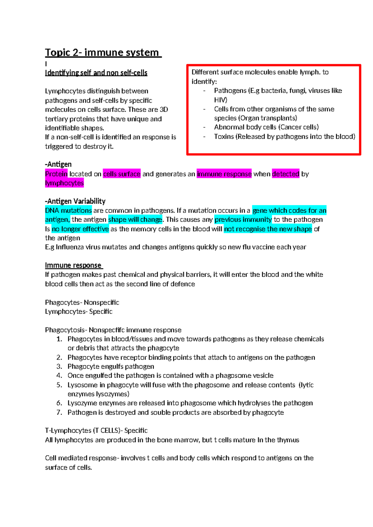 Topic 2- Immune system - Topic 2- immune system I Identifying self and ...