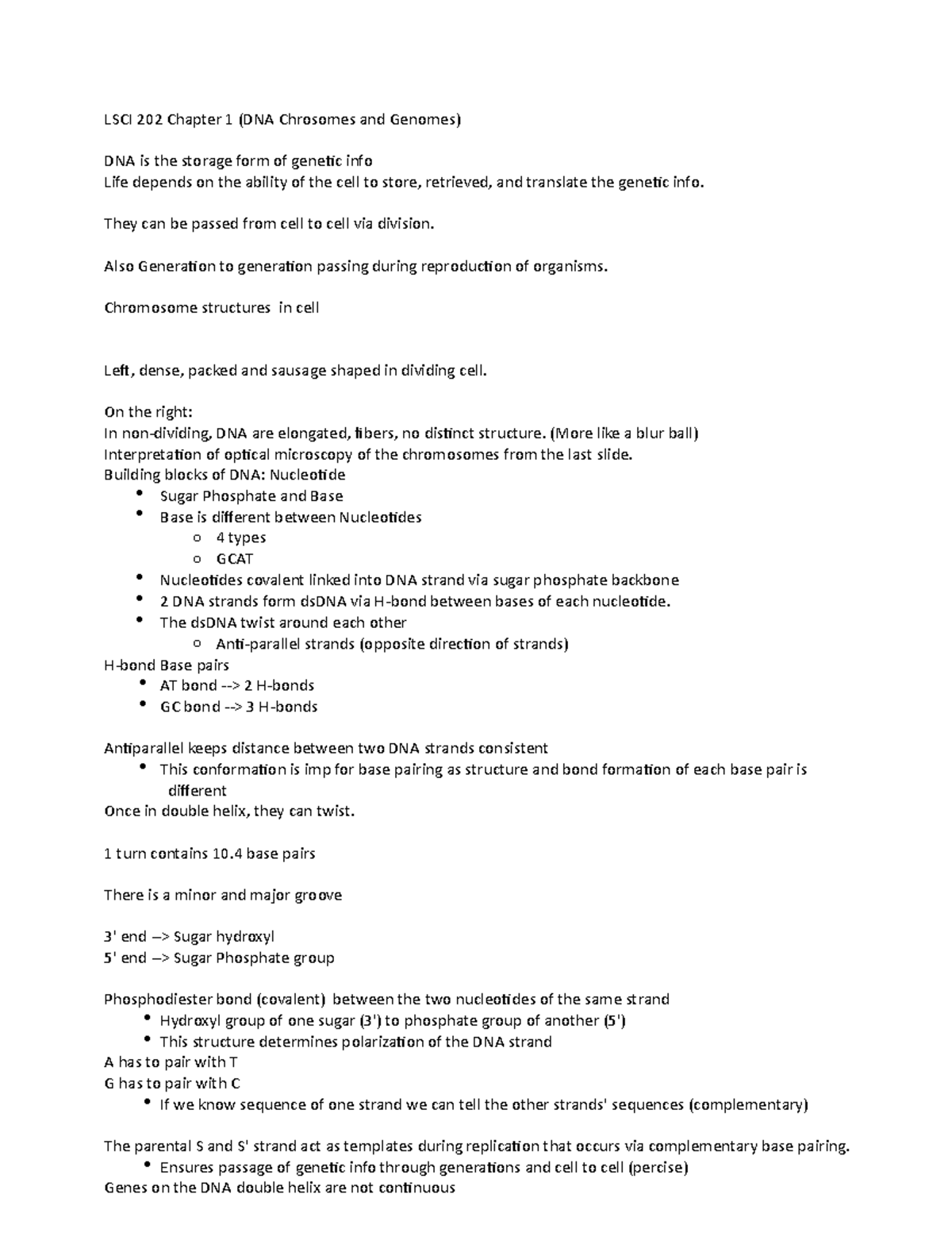 LSCI 202 Chapter 1 - LSCI 202 Chapter 1 (DNA Chrosomes and Genomes) DNA ...