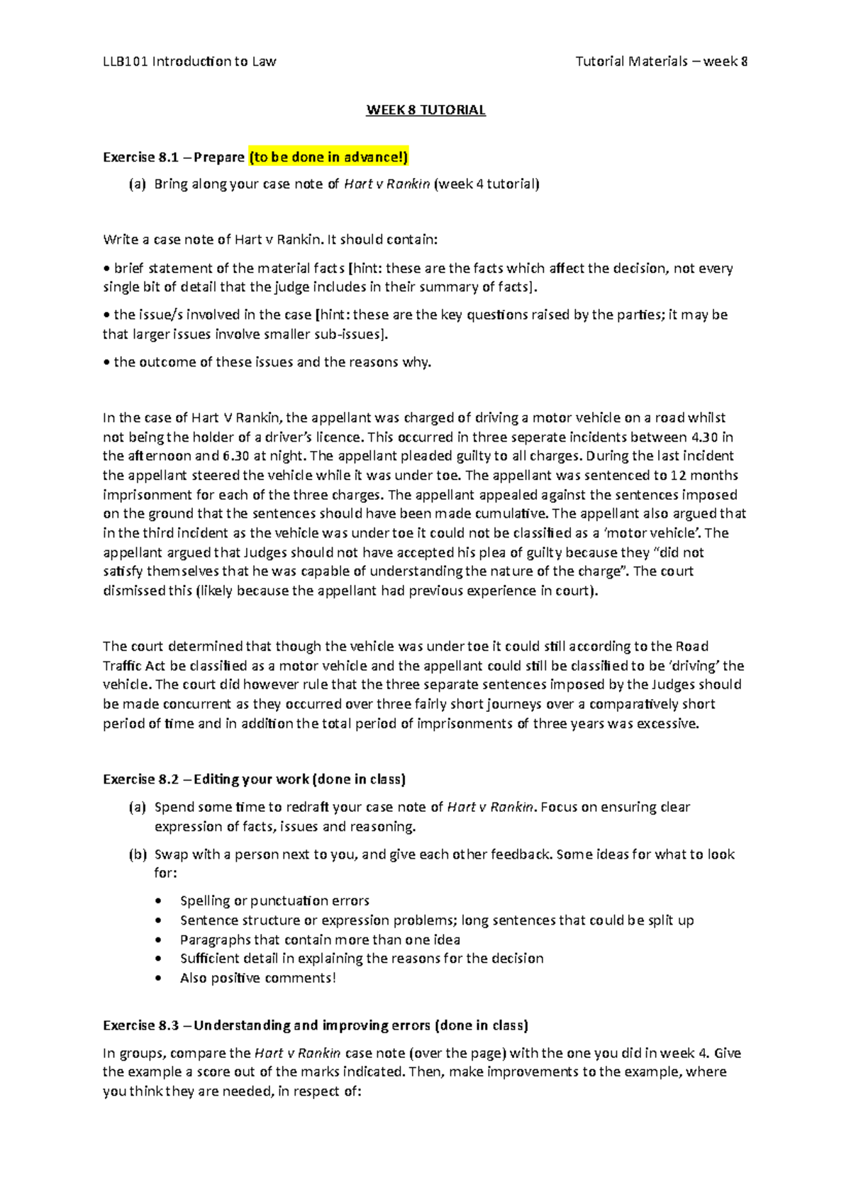 WEEK 8 Tutorial copy - WEEK 8 TUTORIAL Exercise 8 – Prepare (to be done ...