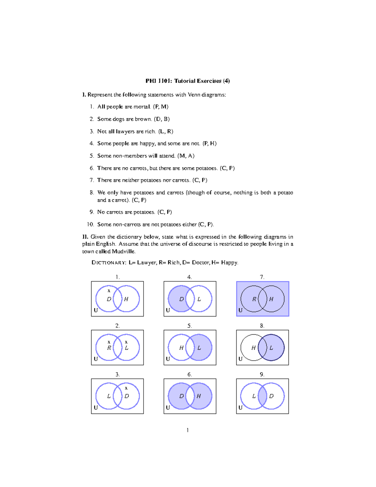 Tutorial Exercises 4: Venn diagrams - PHI 1101: Tutorial Exercises (4 ...
