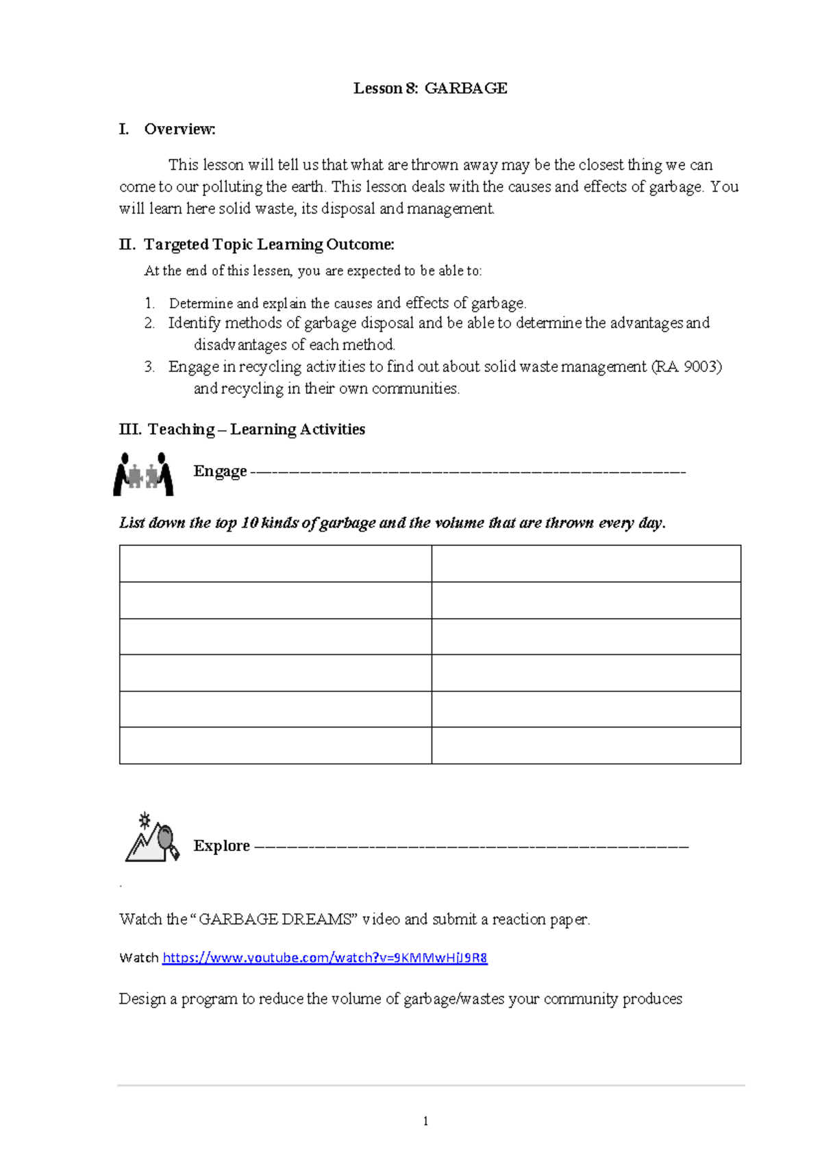4.- Module 4 ENV-SCI-Garbage - Lesson 8: GARBAGE I. Overview: This ...