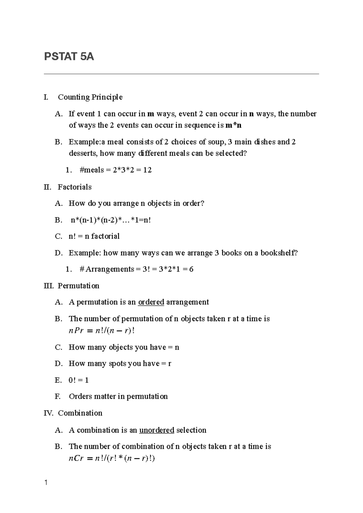 Pstat 5A 10 10 2019 - Swenson - PSTAT 5A I. Counting Principle A. If ...