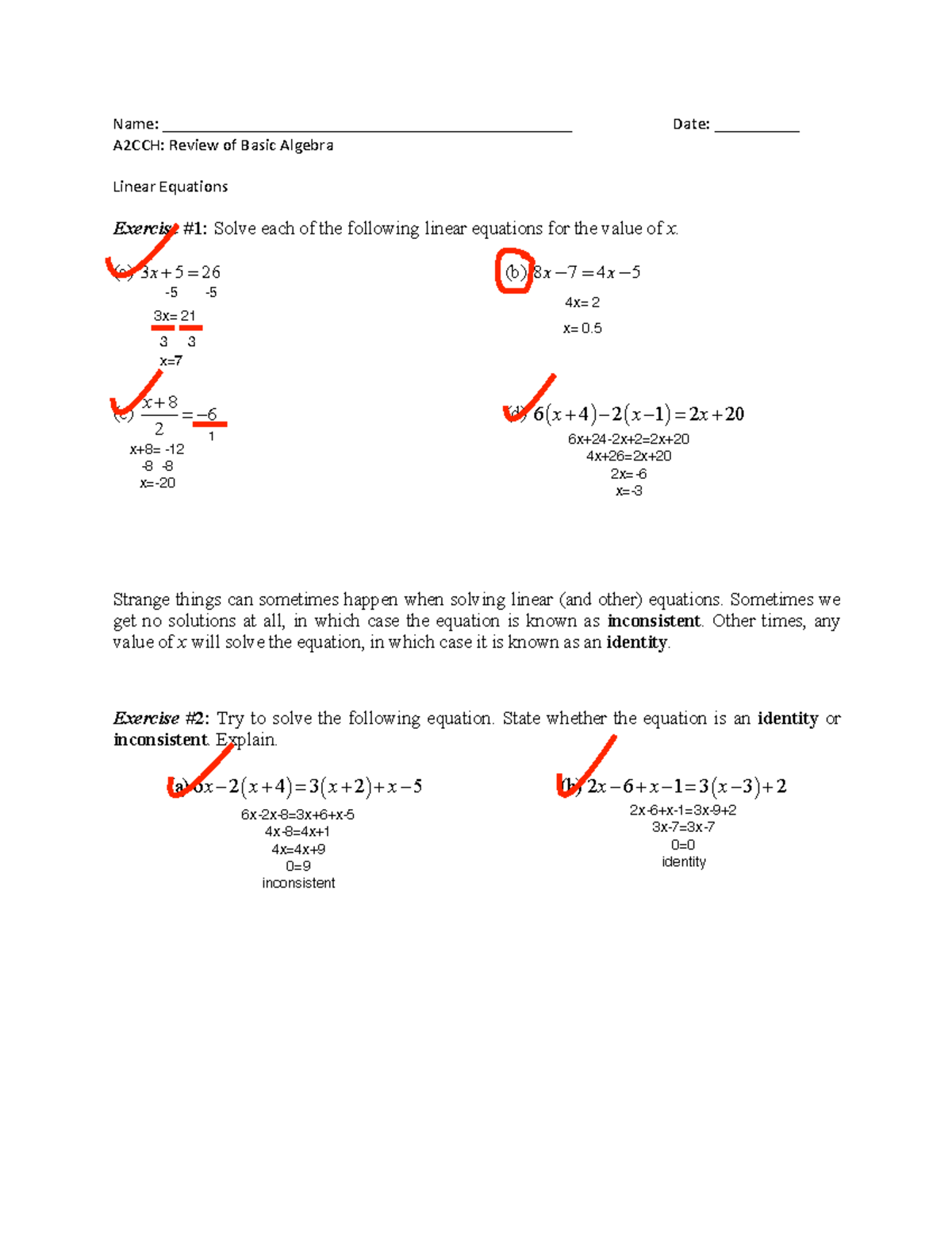 A2cch review of basic algebra revised - Name