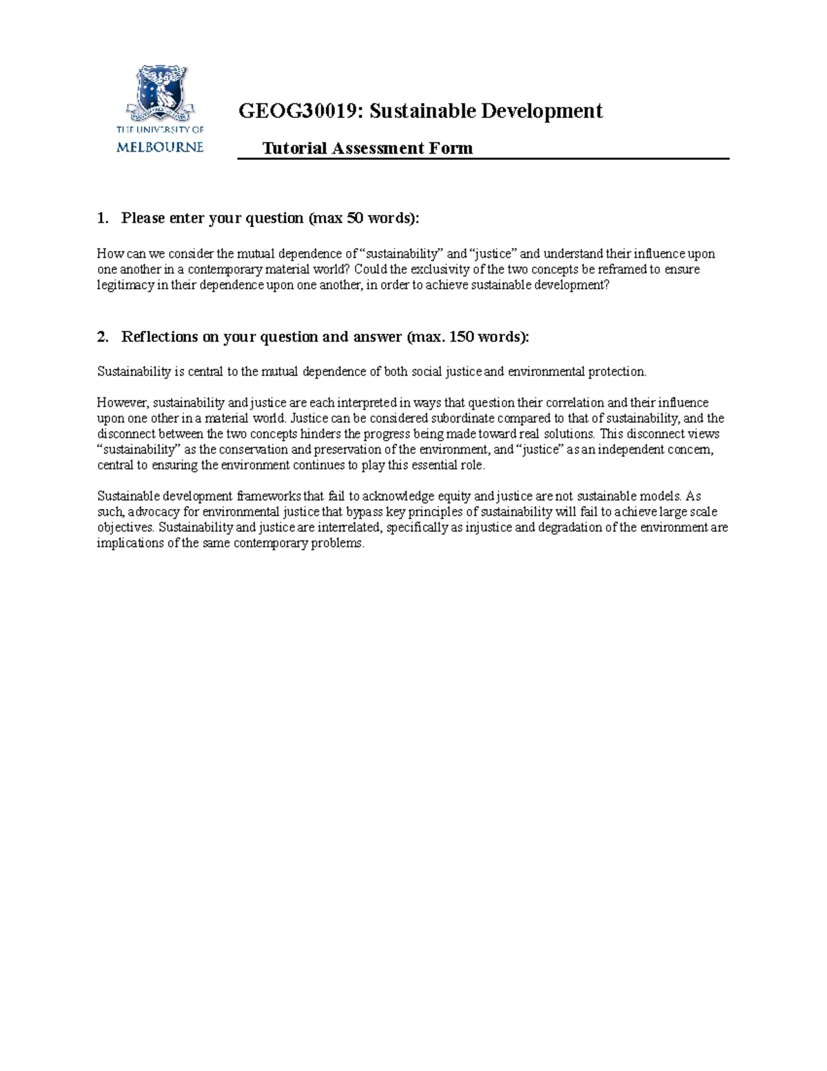 Tutorial Reflection WK 2 - GEOG30019: Sustainable Development Tutorial ...