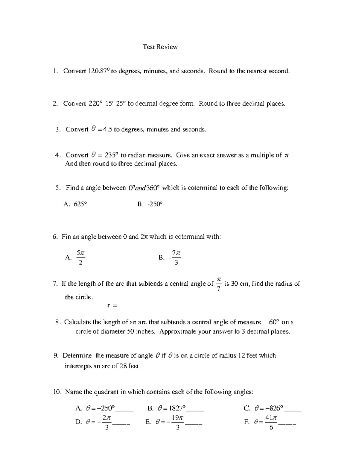 MAC 1114 - Test review 1 - Test Review Convert 120. 0 to degrees ...