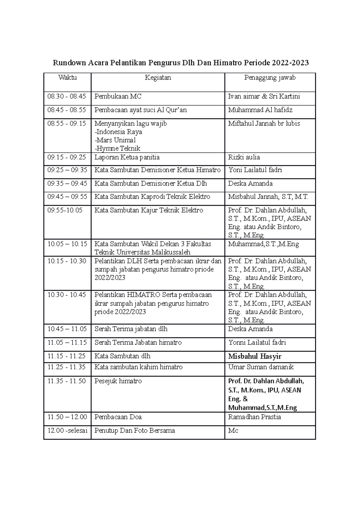 Rundown Acara Pelantikan - 09.55-10 Kata Sambutan Kajur Teknik Elektro ...