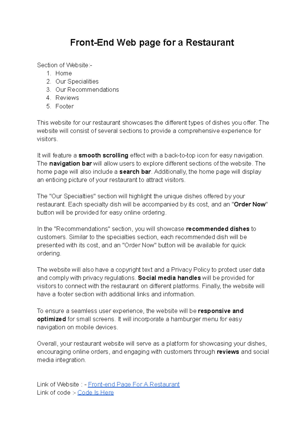 Front-End Web page for a Restaurant - Front-End Web page for a ...