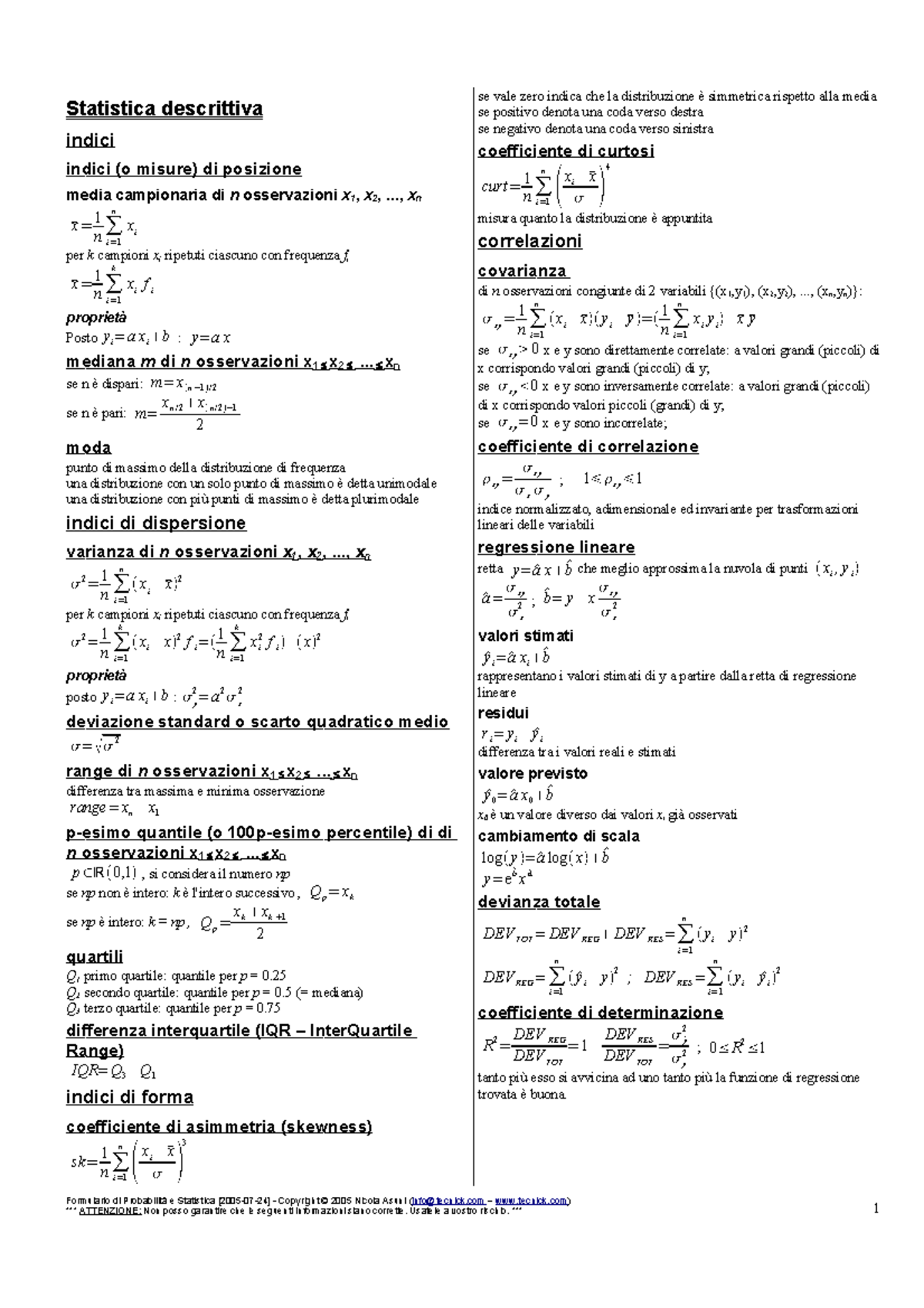 Formulario statistica - Statistica descrittiva indici indici (o misure ...