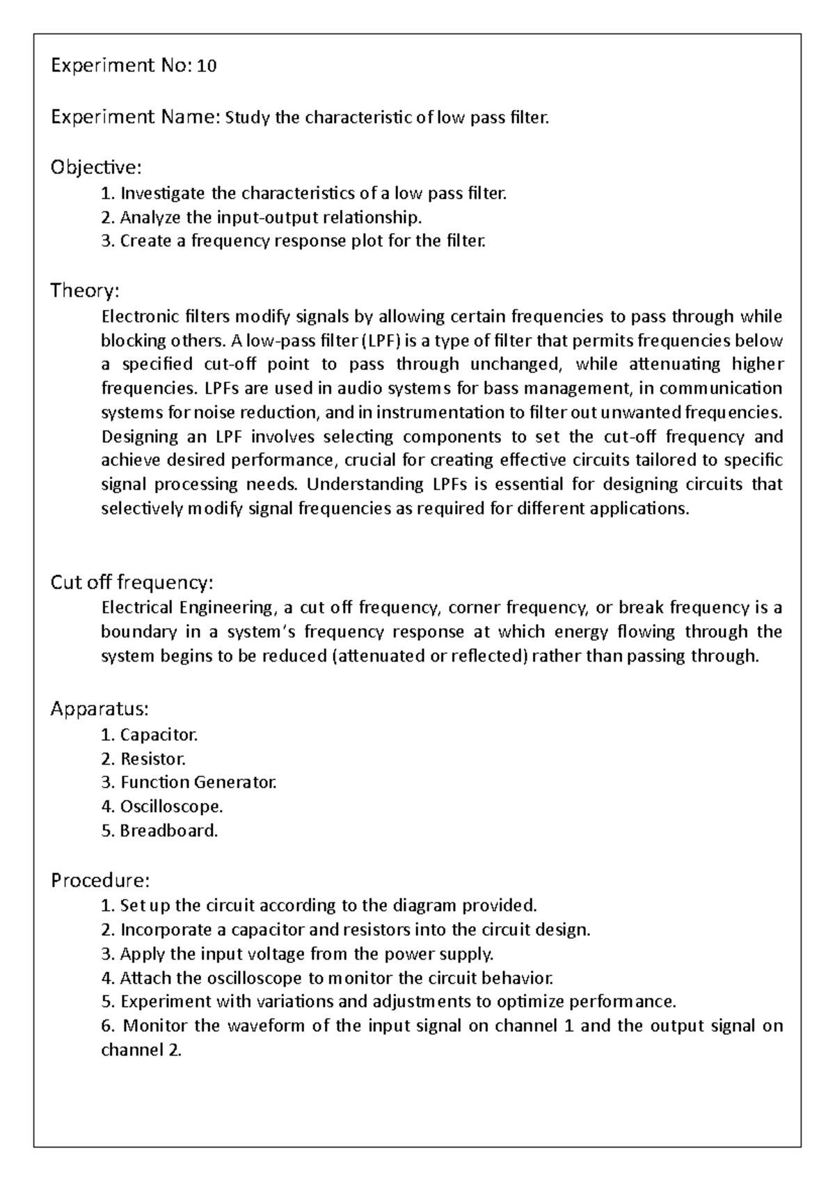 Experiment-No (1) - Experiment No: 10 Experiment Name: Study the characteristic of low pass ...
