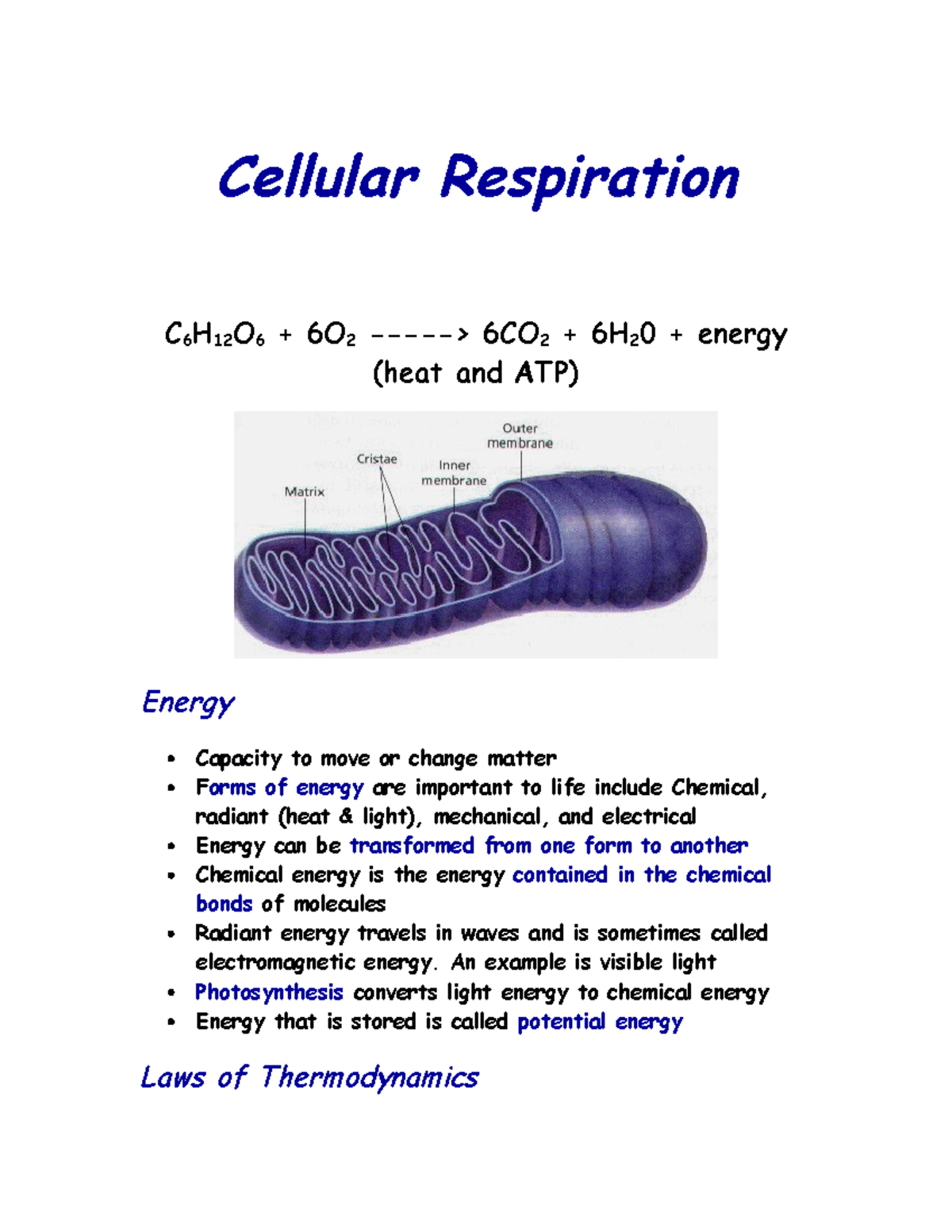 Cellular Respiration Notes - Cellular Respiration C 6 H 12 O 6 + 6O 2 ...