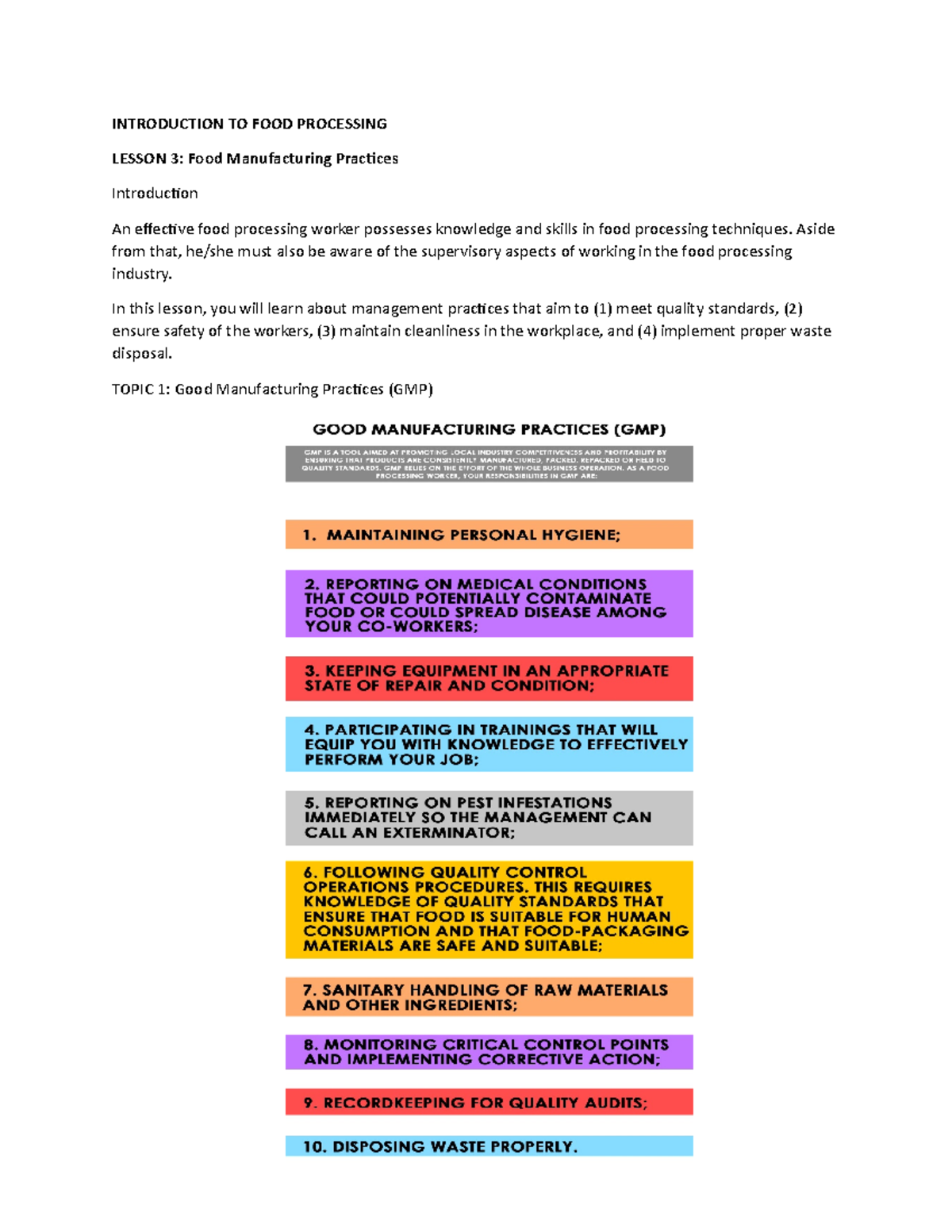 FOOD Manufacturing Practices - INTRODUCTION TO FOOD PROCESSING LESSON 3 ...