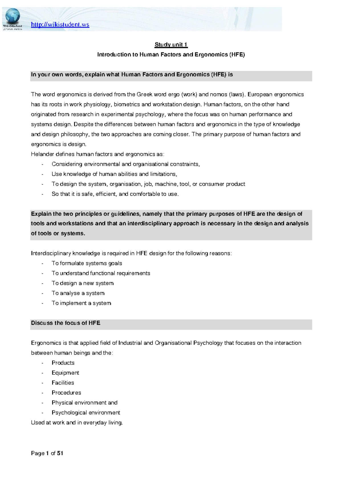 IOP2603 - NOTES - Study unit 1 Introduction to Human Factors and ...