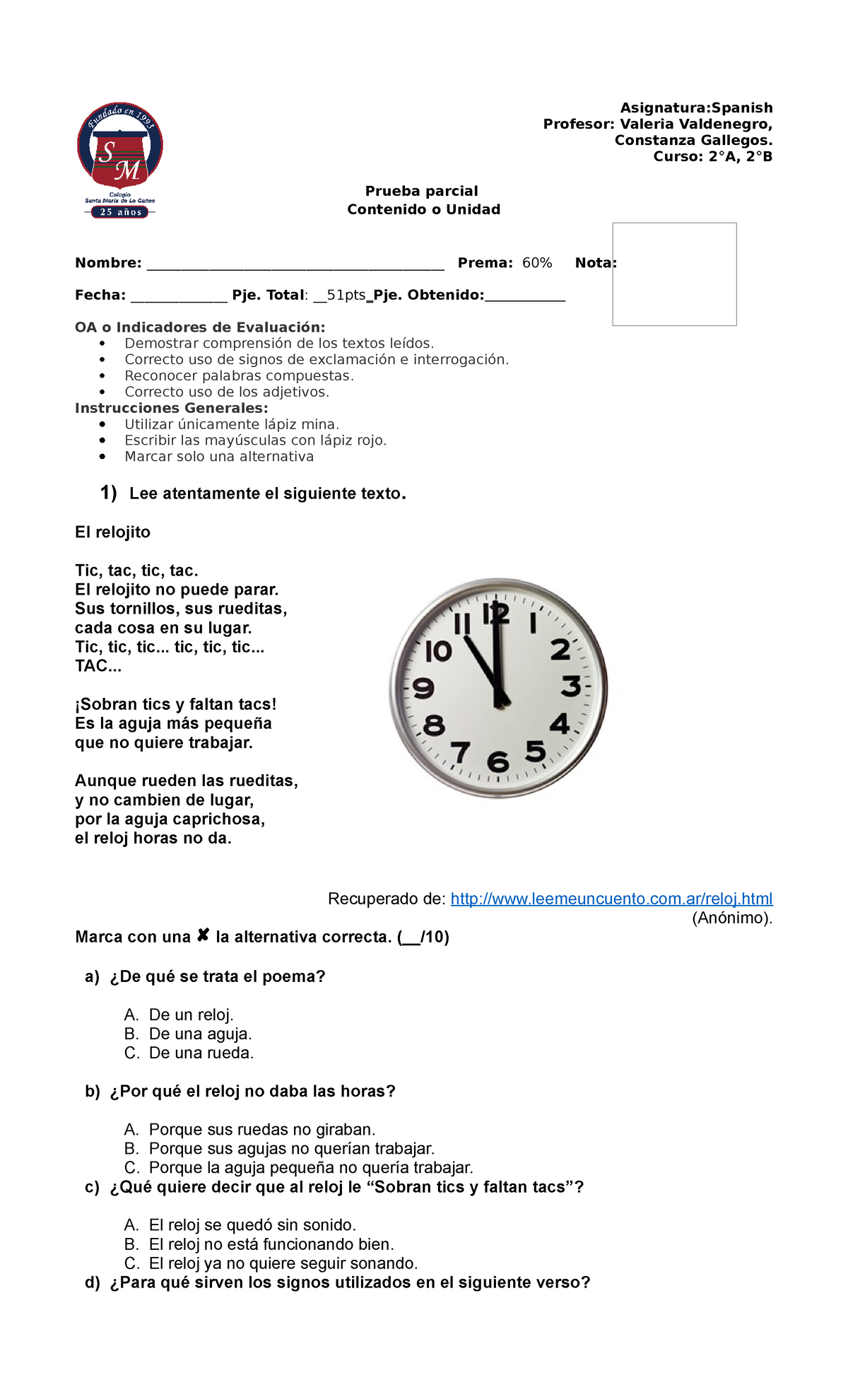 Prueba spanish unidad 3 - Asignatura:Spanish Profesor: Valeria ...