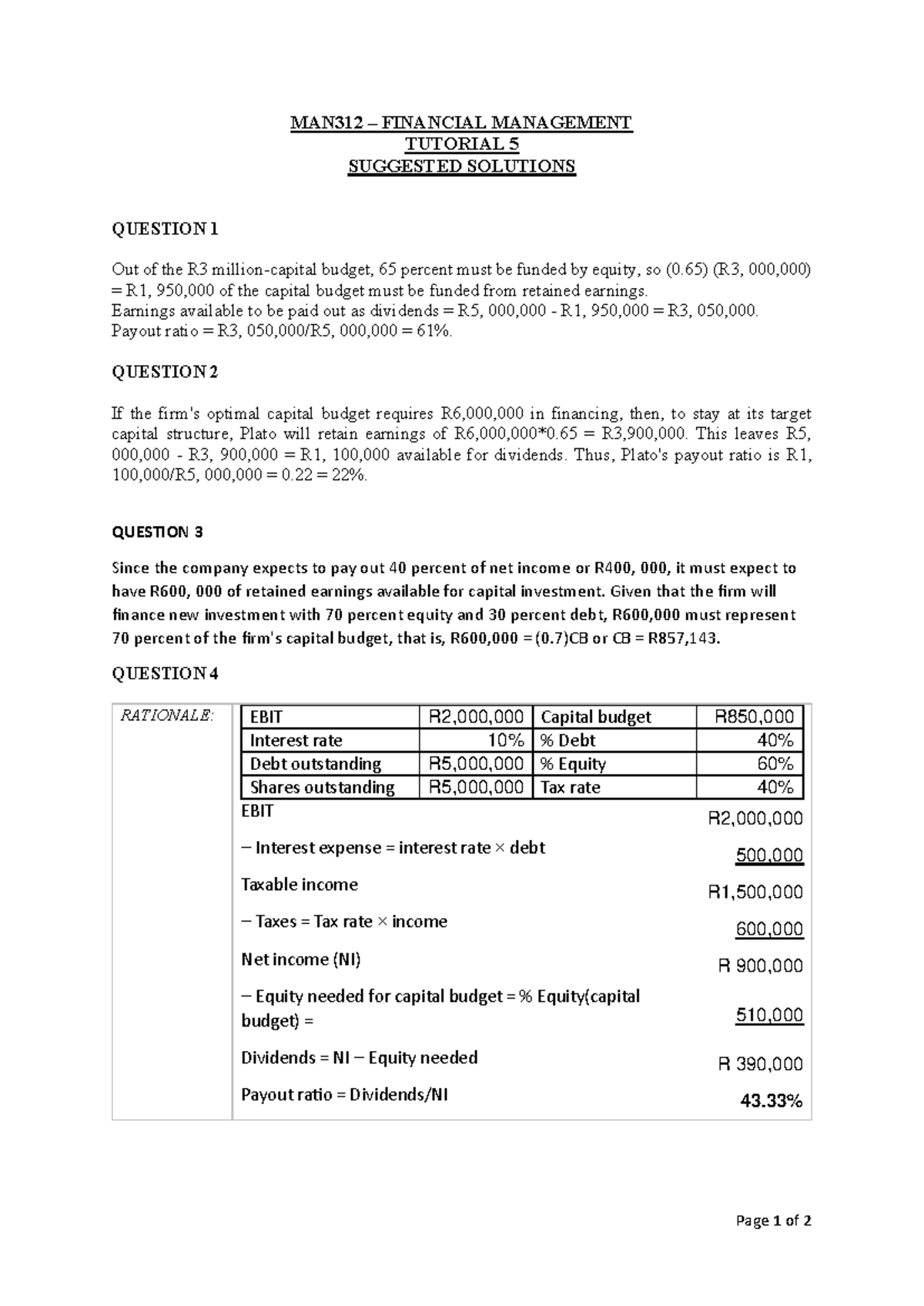 2023.09.02 - TUT 5 MEMO - Tutorial material - Page 1 of 2 MAN312 – FINANCIAL MANAGEMENT TUTORIAL ...