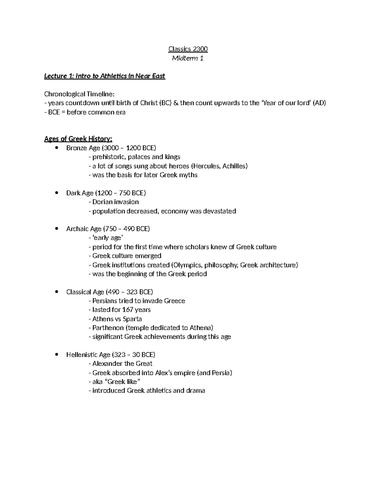 Classics 2300 Midterm - mid - Classics 2300 Midterm 1 Lecture 1: Intro to Athletics in Near East ...