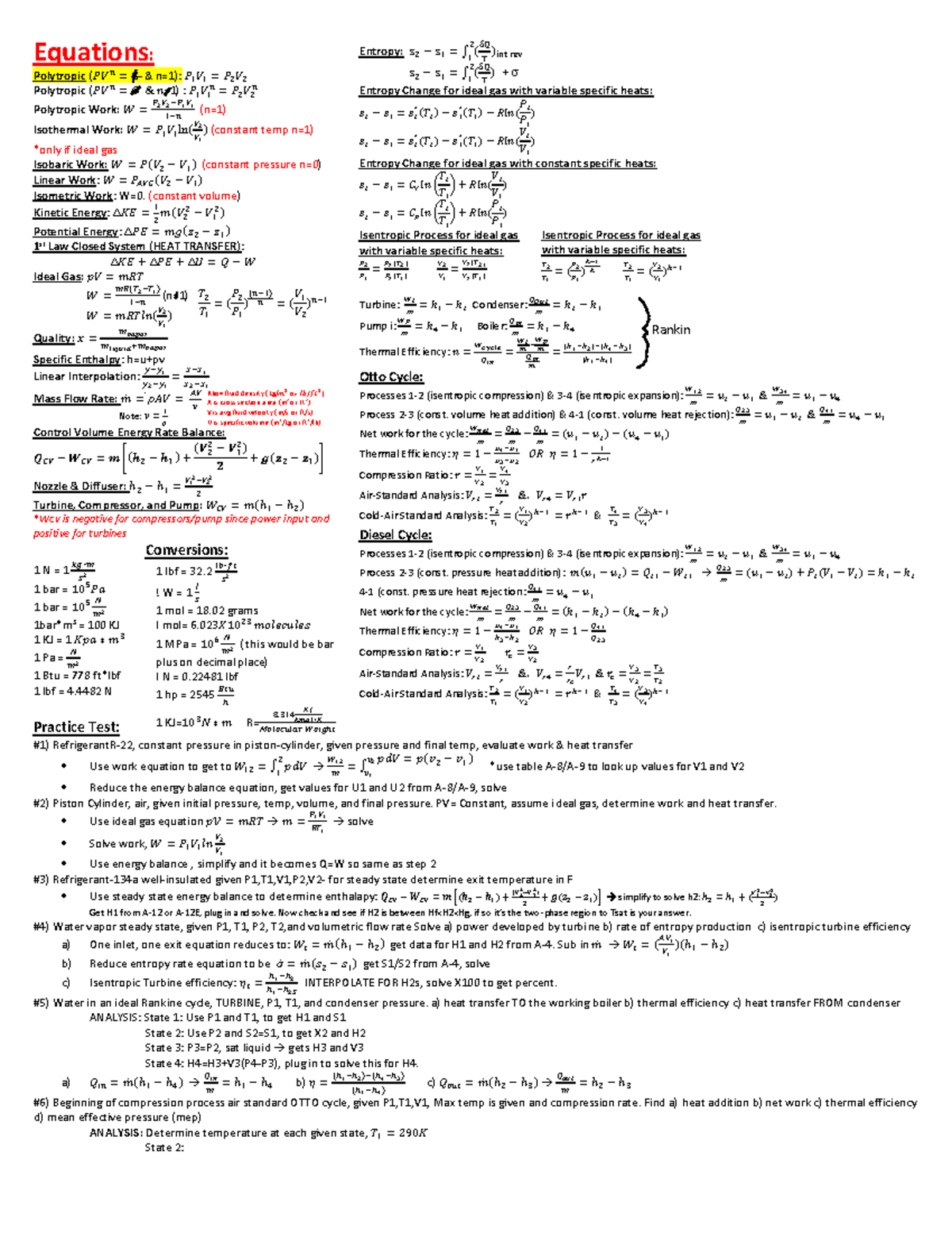 Thermo Final Exam Formula Sheet. pdf - Equations: Polytropic (𝑃𝑉𝑛 = C ...