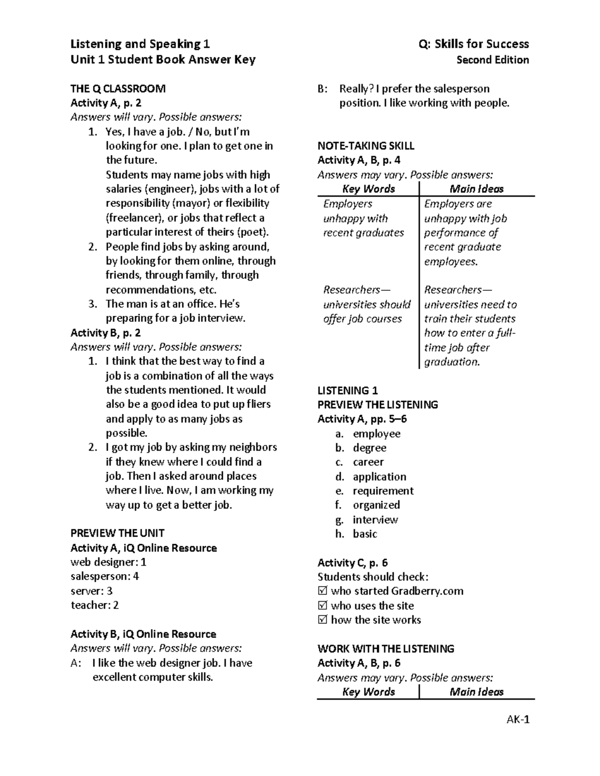 LS - nothing - Unit 1 Student Book Answer Key Second Edition THE Q ...