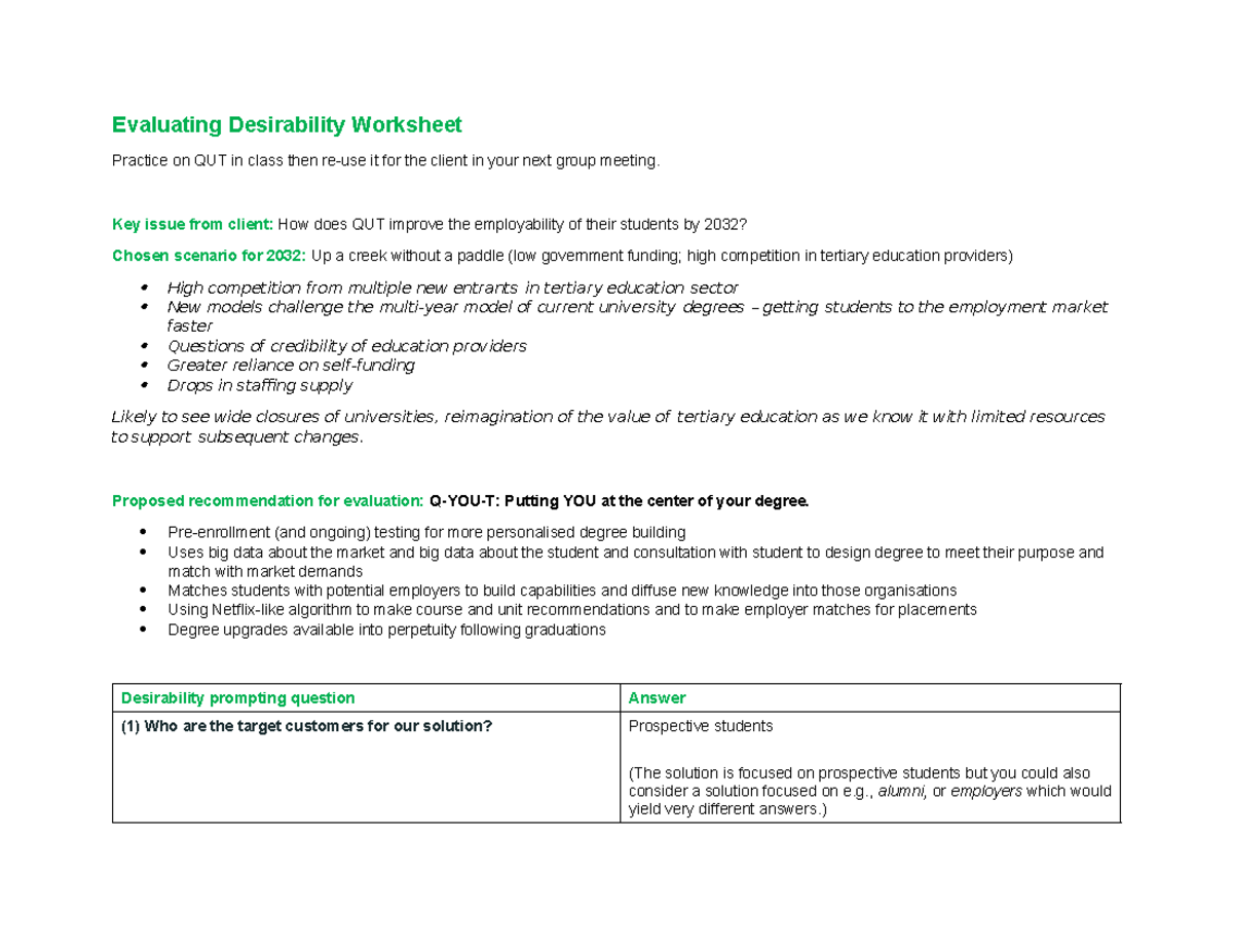 Example response for work-sheet - Evaluating Desirability Worksheet ...