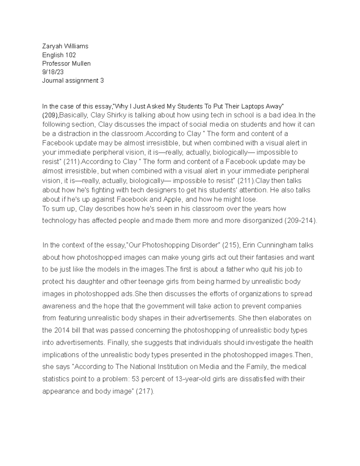 Journal 3 - Zaryah Williams English 102 Professor Mullen 9/18/ Journal ...