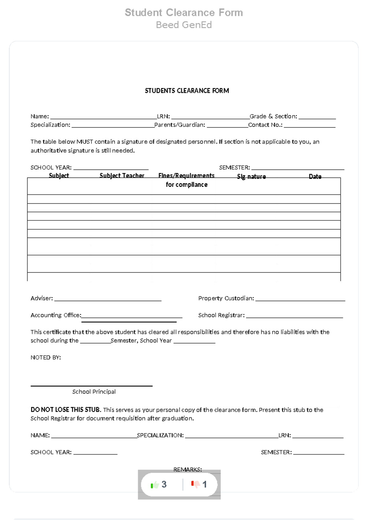 Student-clearance-form compress - Student Clearance Form Beed GenEd STUDENTS CLEARANCE FORM Name ...