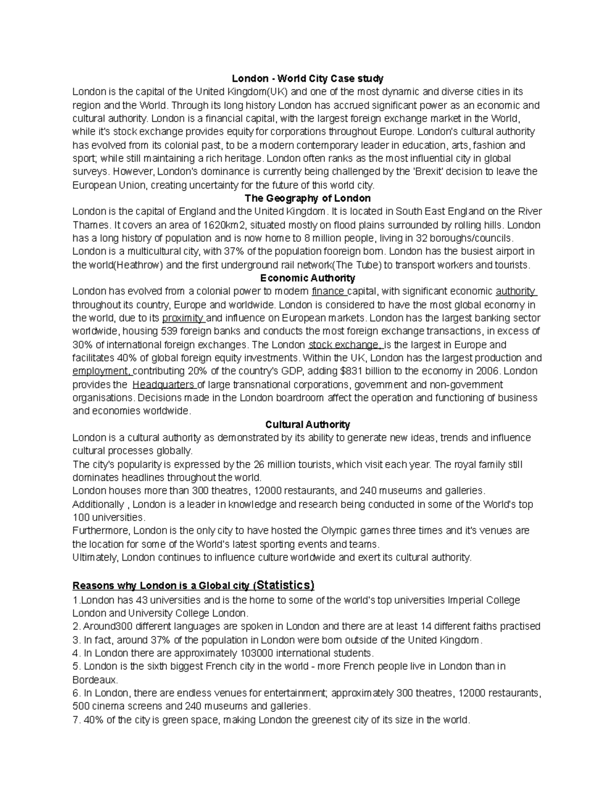 Geo notes - London - World City Case study London is the capital of the ...