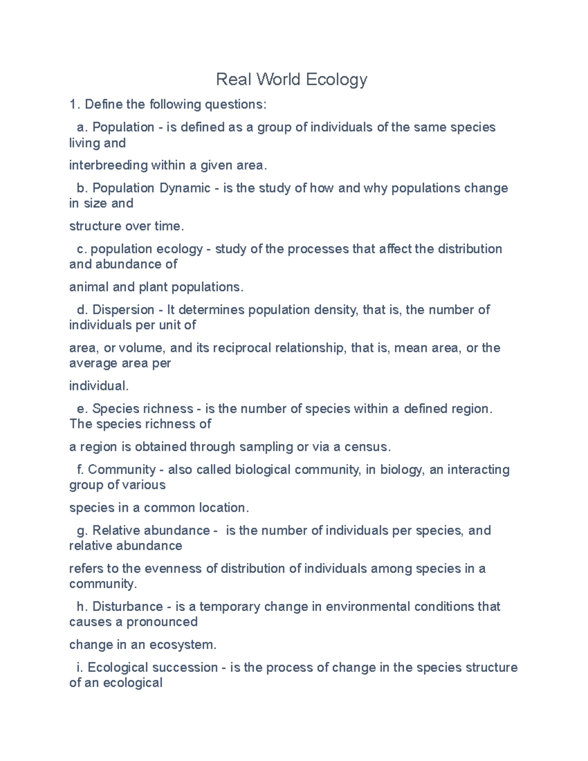 RW ECO - RW ECO. - Real World Ecology Define the following questions: a ...