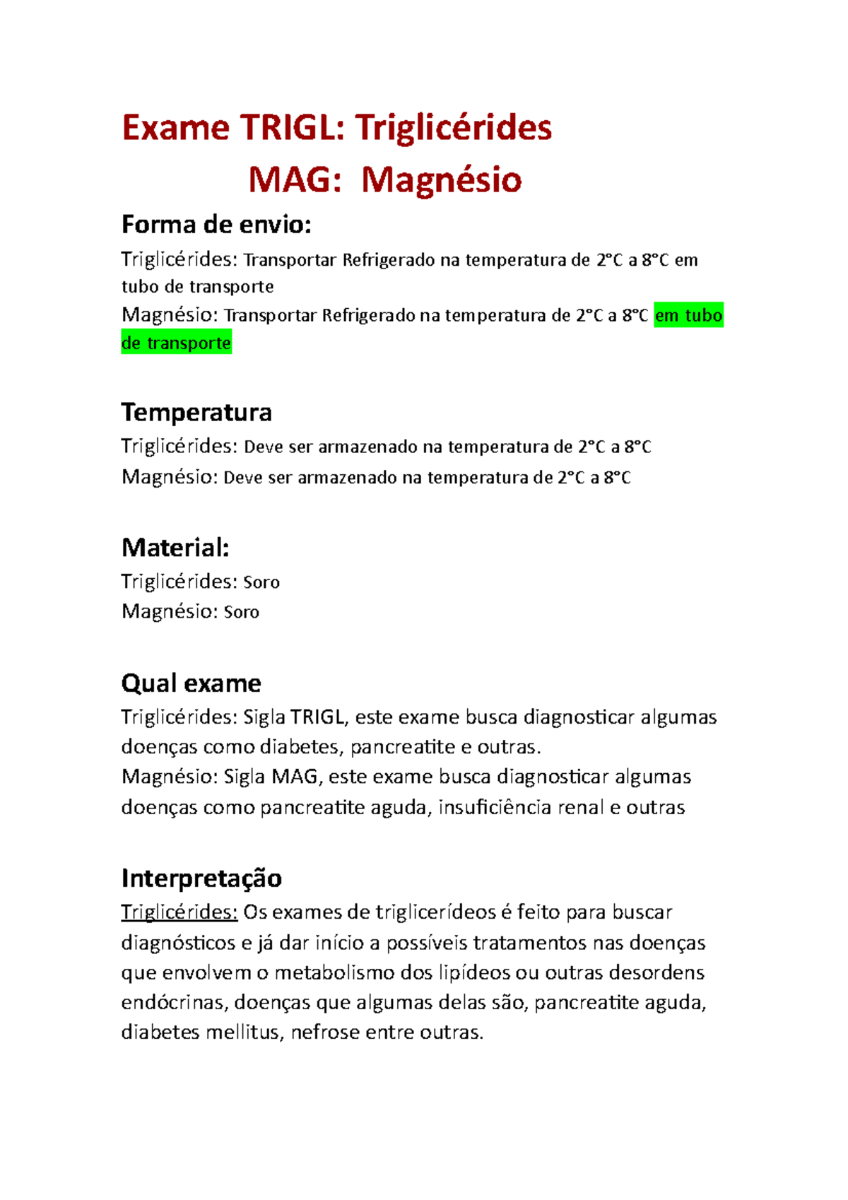 Trabalho de tubos-exames - Exame TRIGL: Triglicérides MAG: Magnésio ...