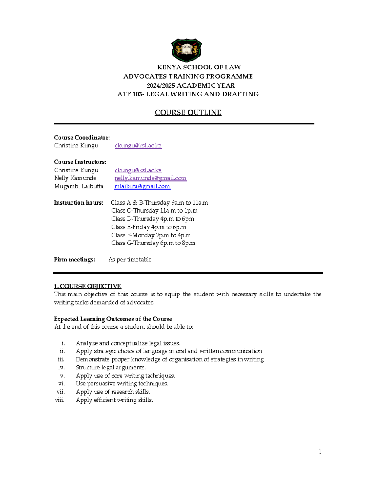 ATP 103 Legal Writing & Drafting Course Outline 2024-2025 - KENYA ...