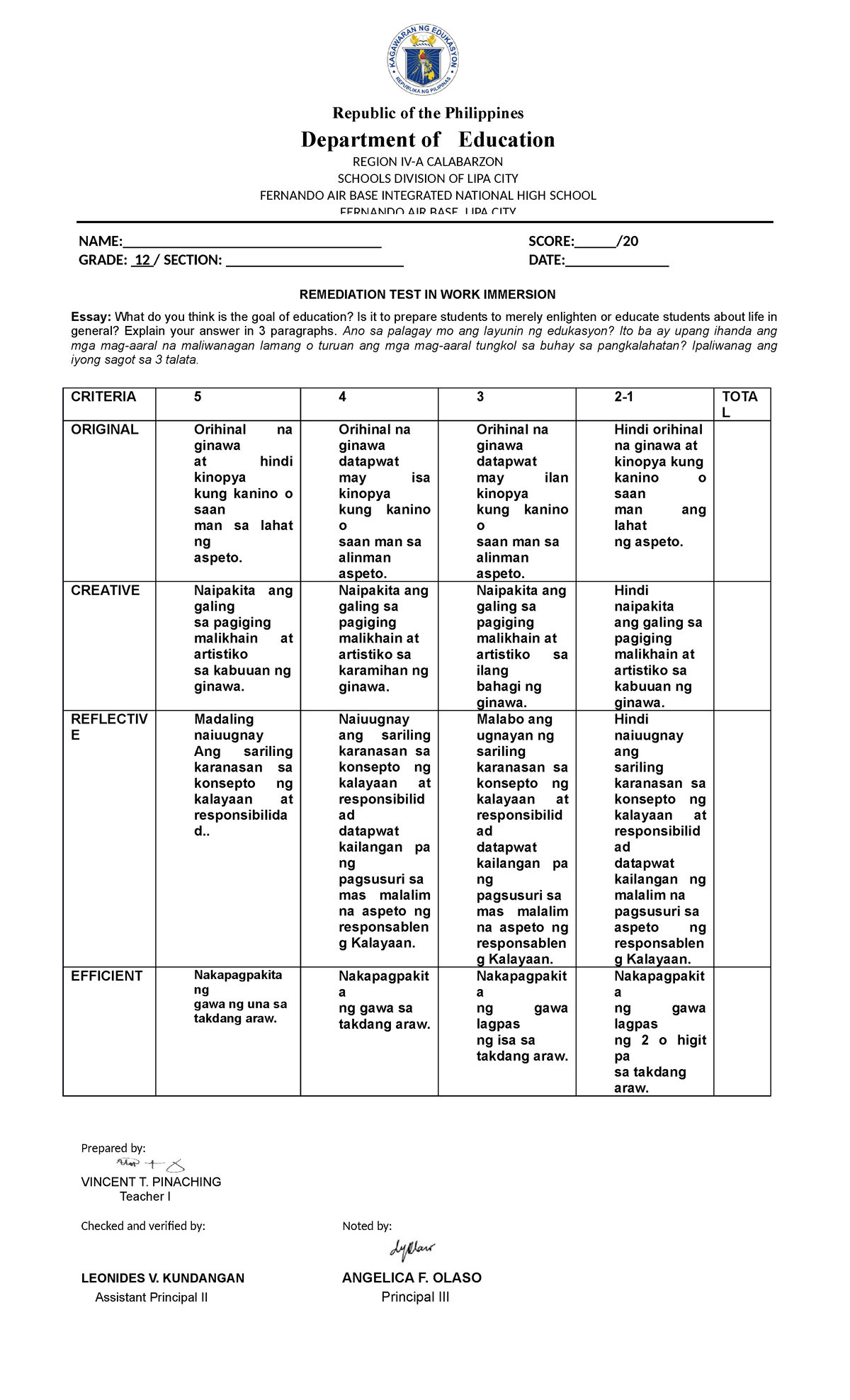 Work-Immersion Remediation-Essay - NAME: _ SCORE: _/ GRADE: 12 ...