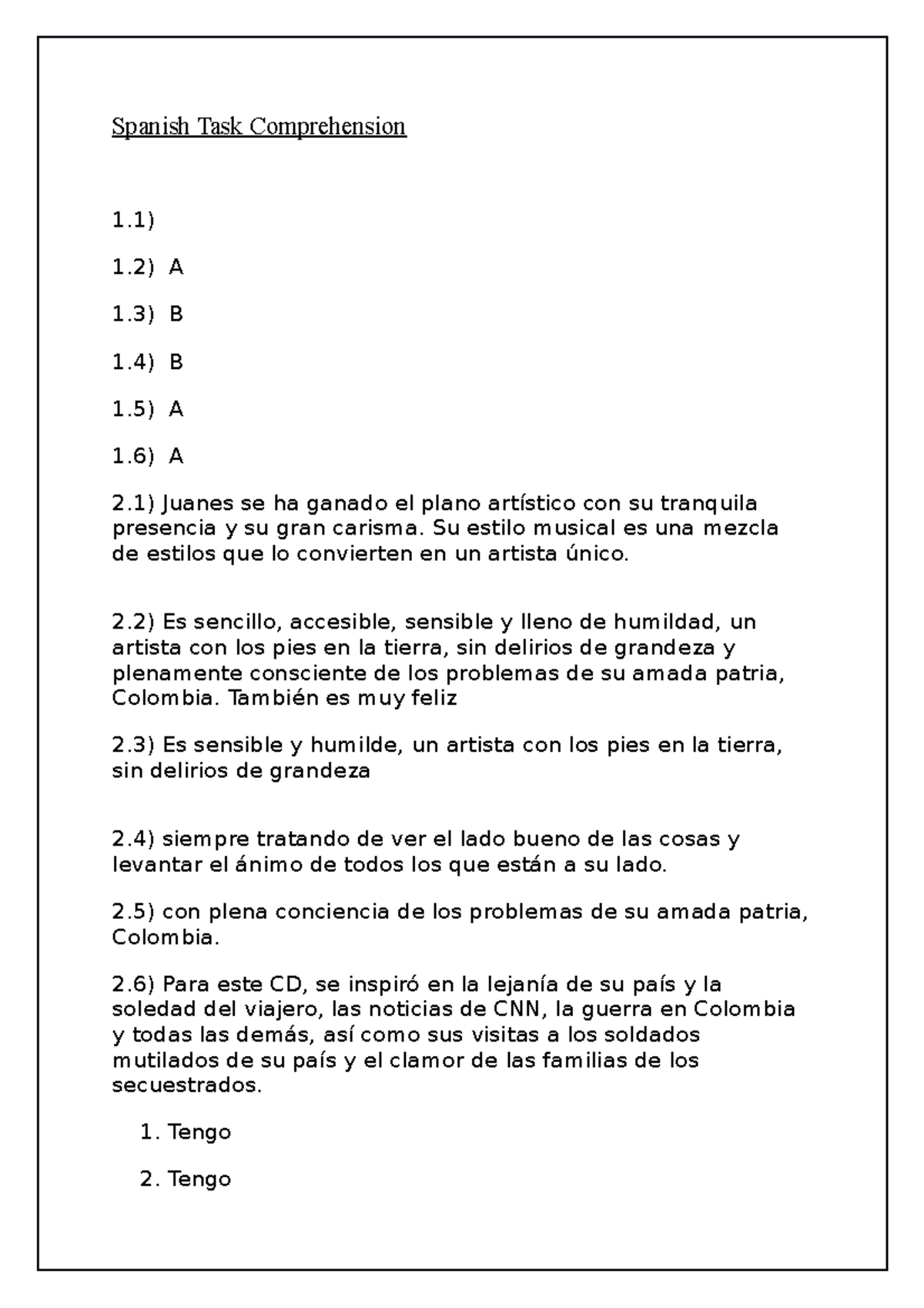 Spanish Task Comprehension - Spanish Task Comprehension 1) 1) A 1) B 1 ...