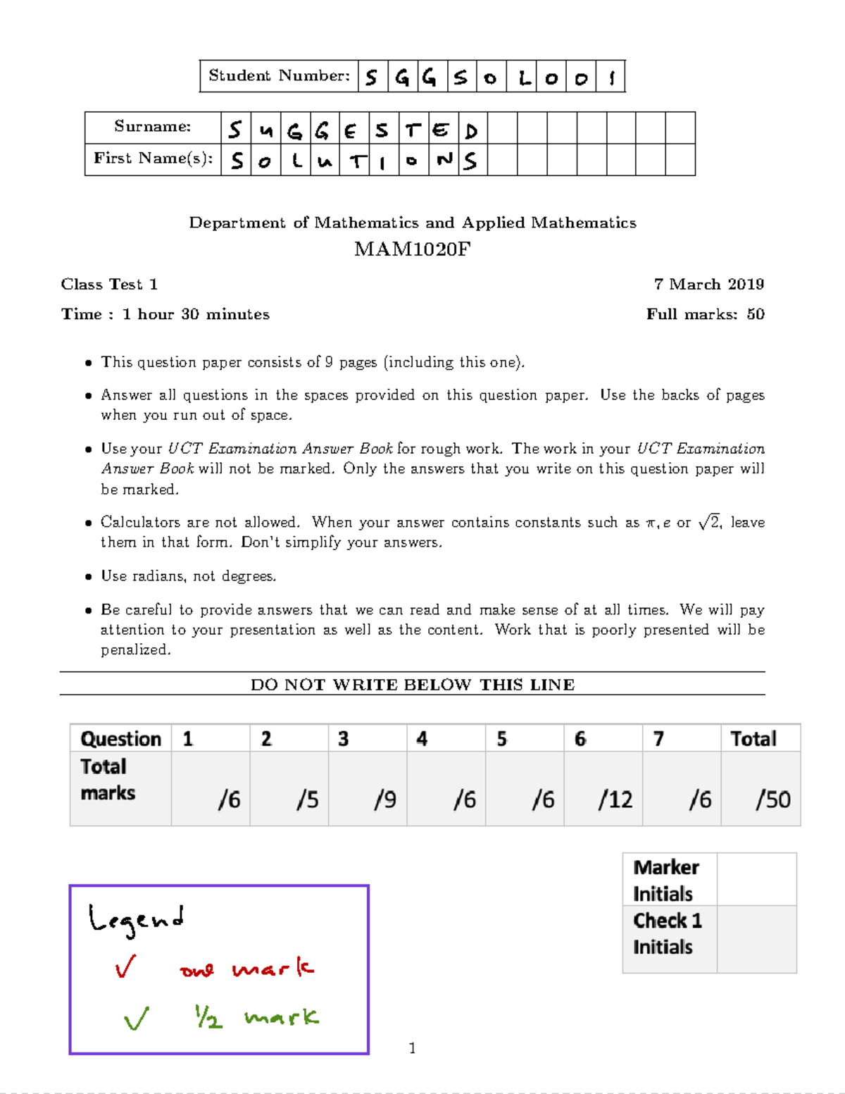MAM1020F Class Test 1 2019 solutions - Surname: First Name(s ...