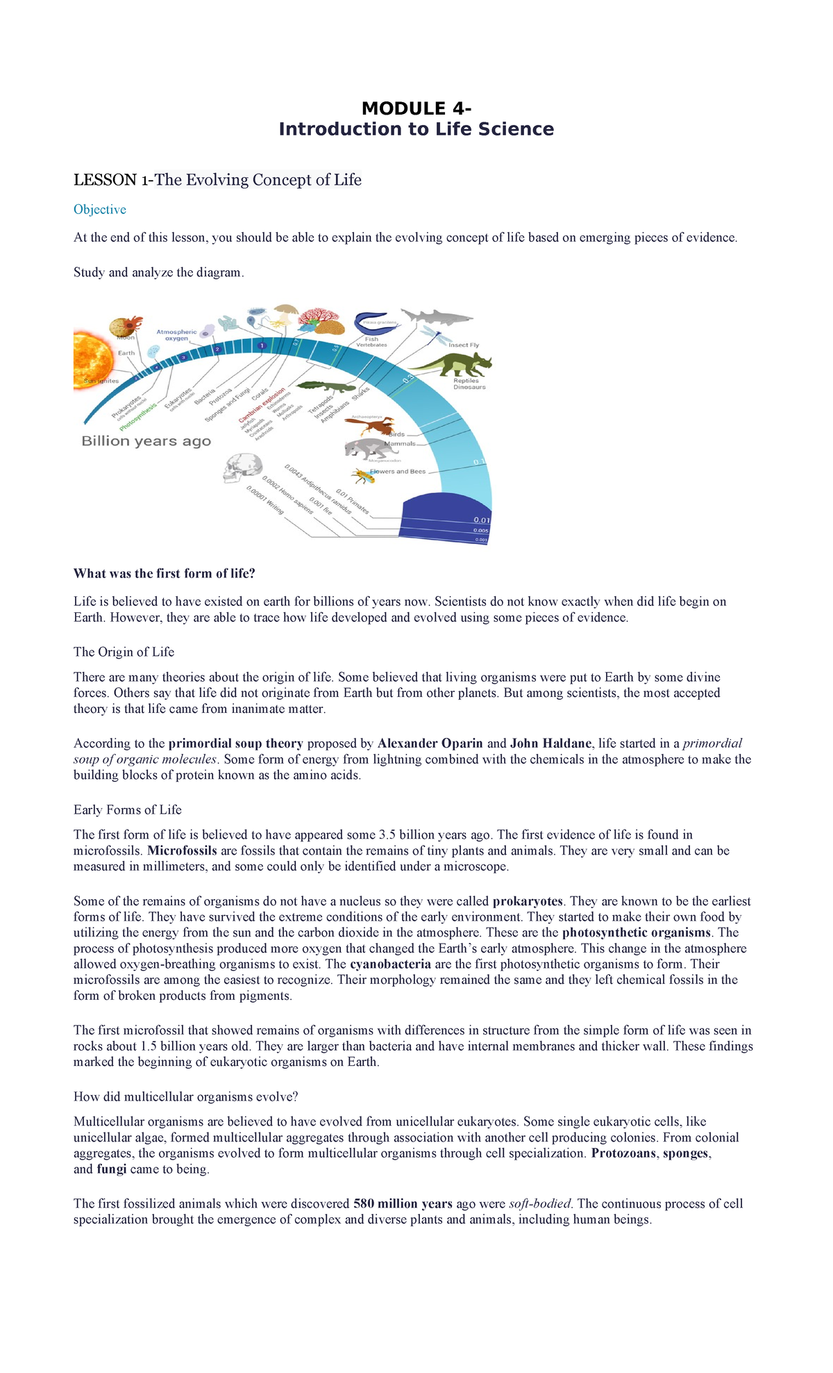 Earth & Life Science Module 4 - MODULE 4- Introduction to Life Science LESSON 1-The Evolving ...