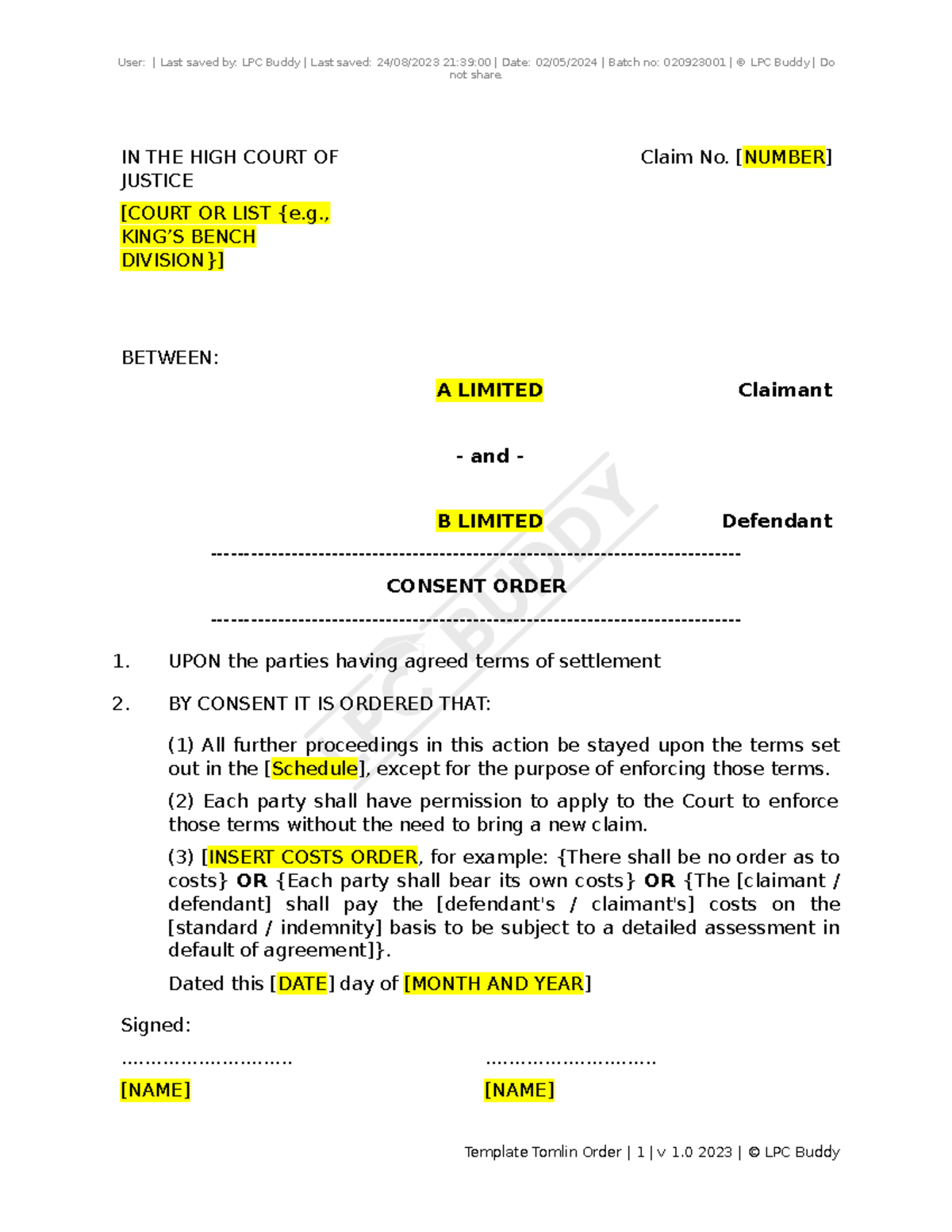 Template Tomlin Order - User: | Last saved by: LPC Buddy | Last saved ...