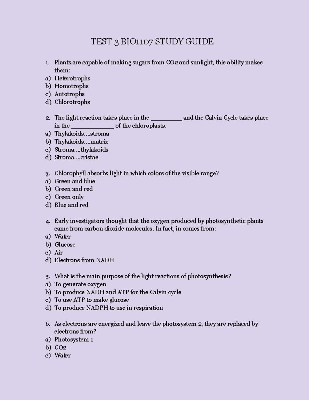 TEST 3 BIO1107 Study Guide - TEST 3 BIO1107 STUDY GUIDE Plants are ...