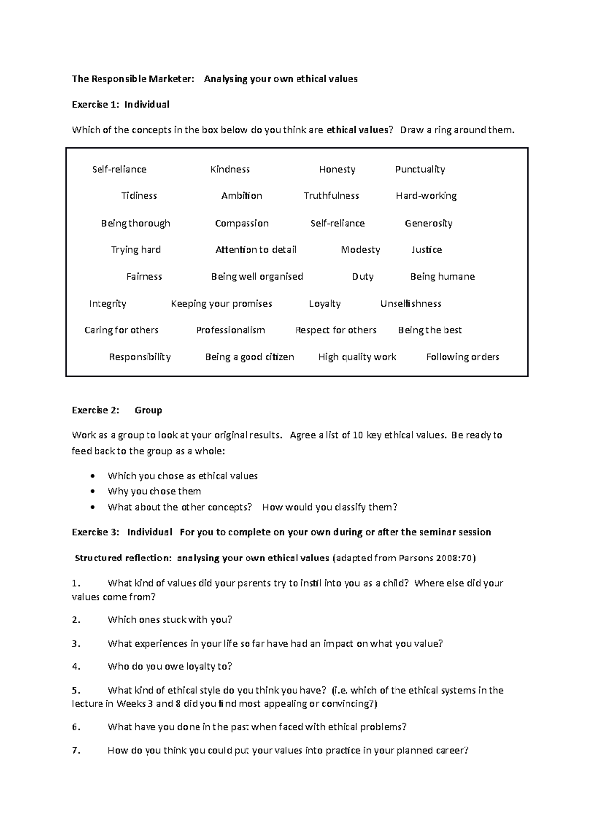 Ethical values sorting task worksheet - The Responsible Marketer ...