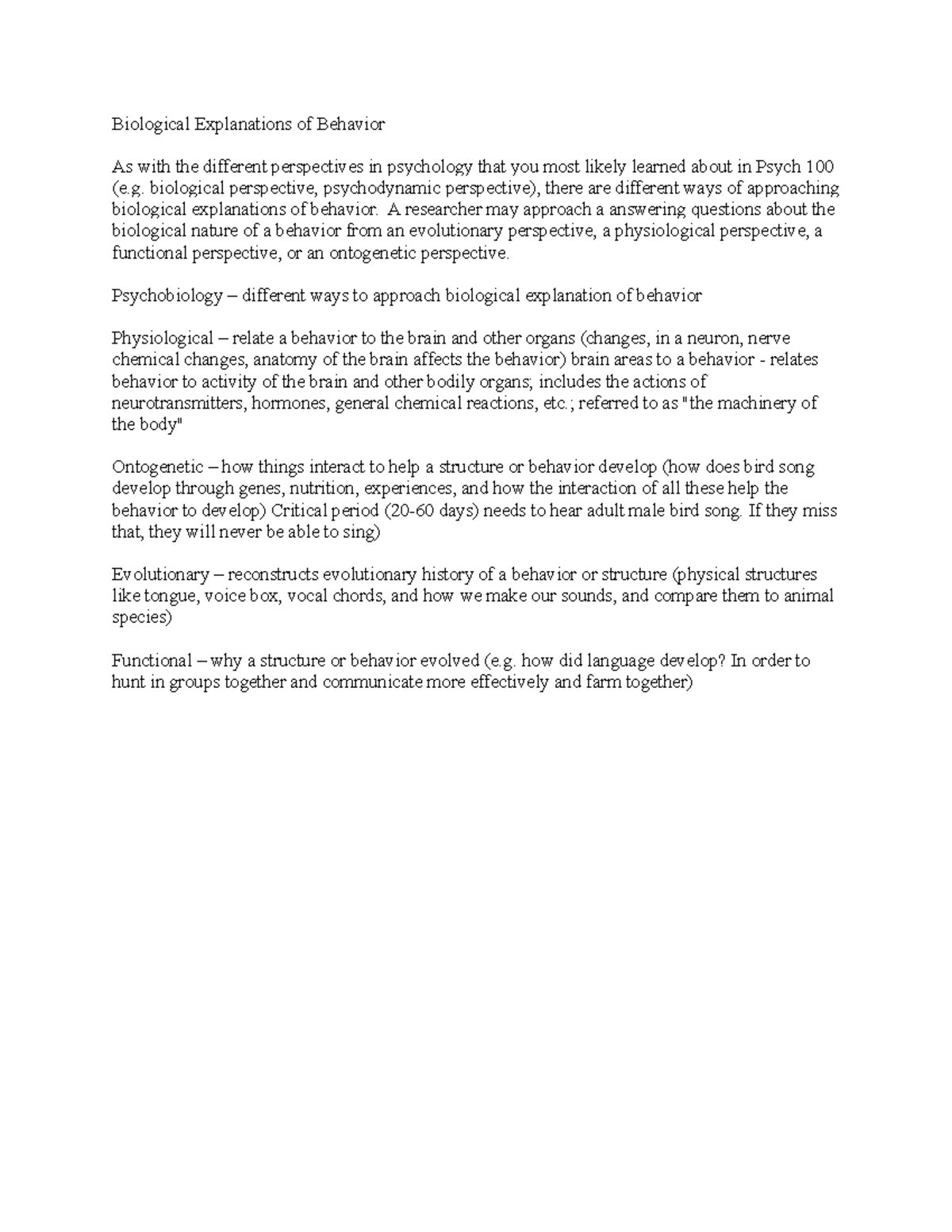 Biological Explanations of Behavior - biological perspective ...