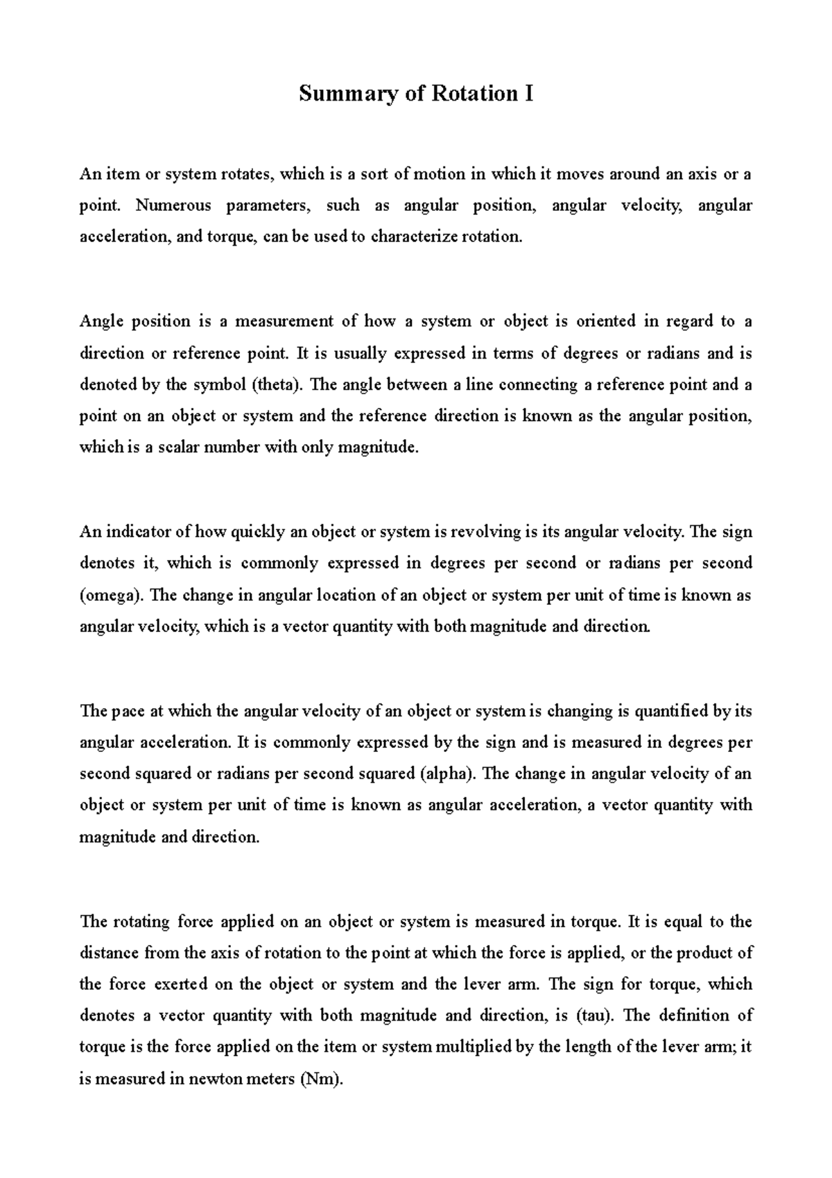 Summary of Rotation 1 - Numerous parameters, such as angular position ...