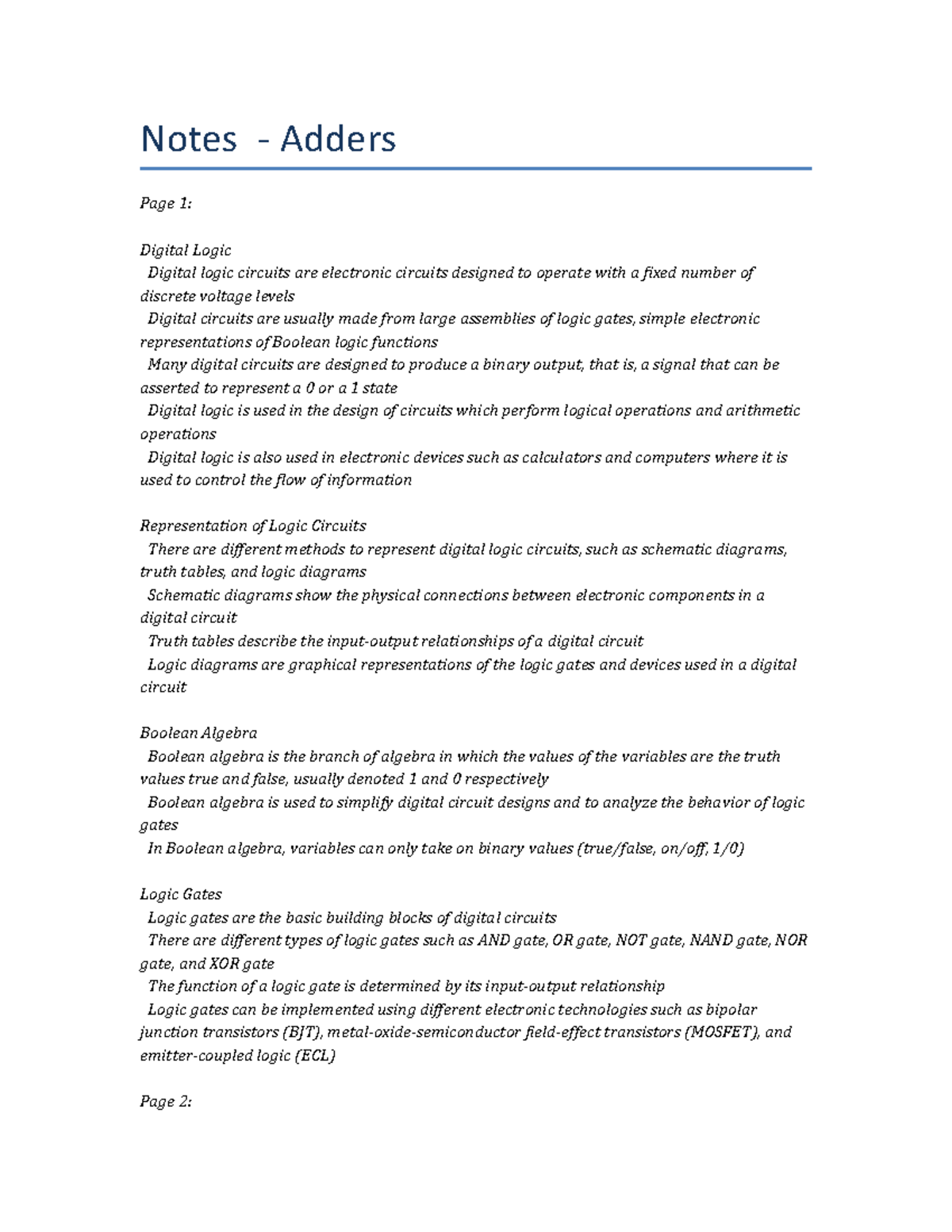 Lecture Notes Adders Notes Adders Page 1 Digital Logic Digital Logic Circuits Are