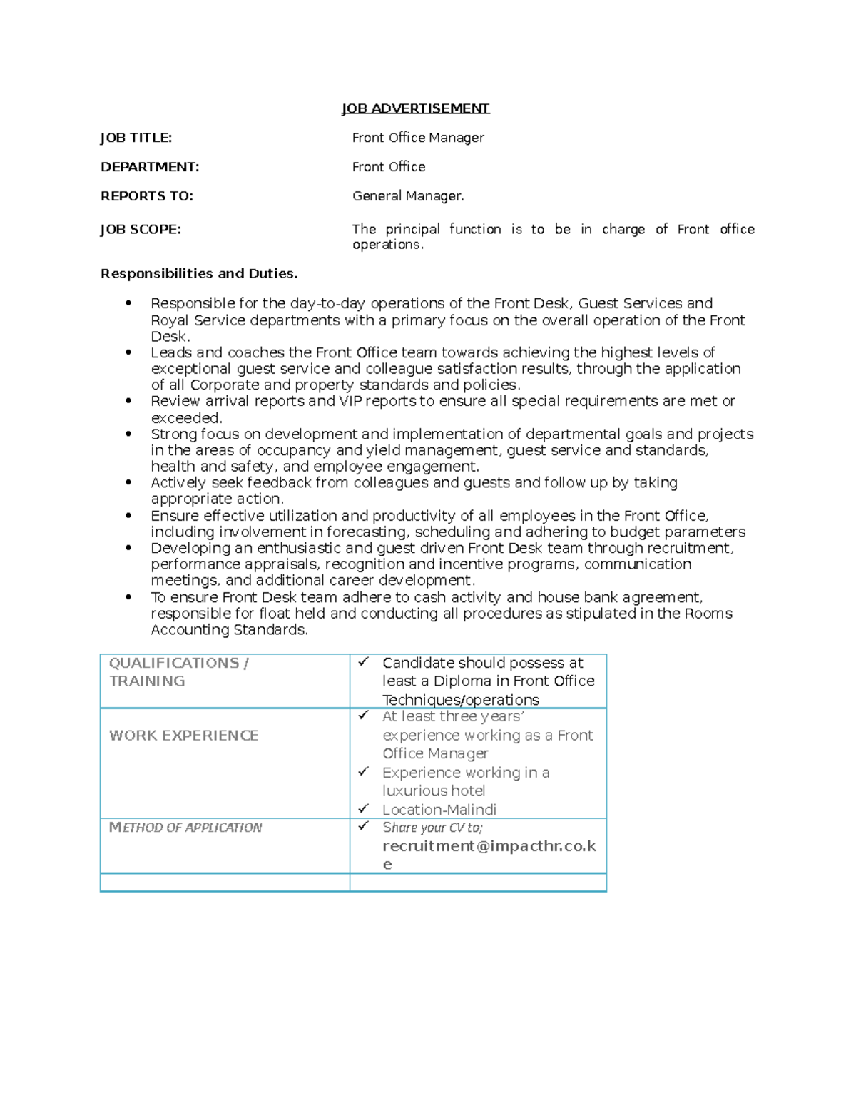 Job advertisement-Front Office Manager - JOB ADVERTISEMENT JOB TITLE ...