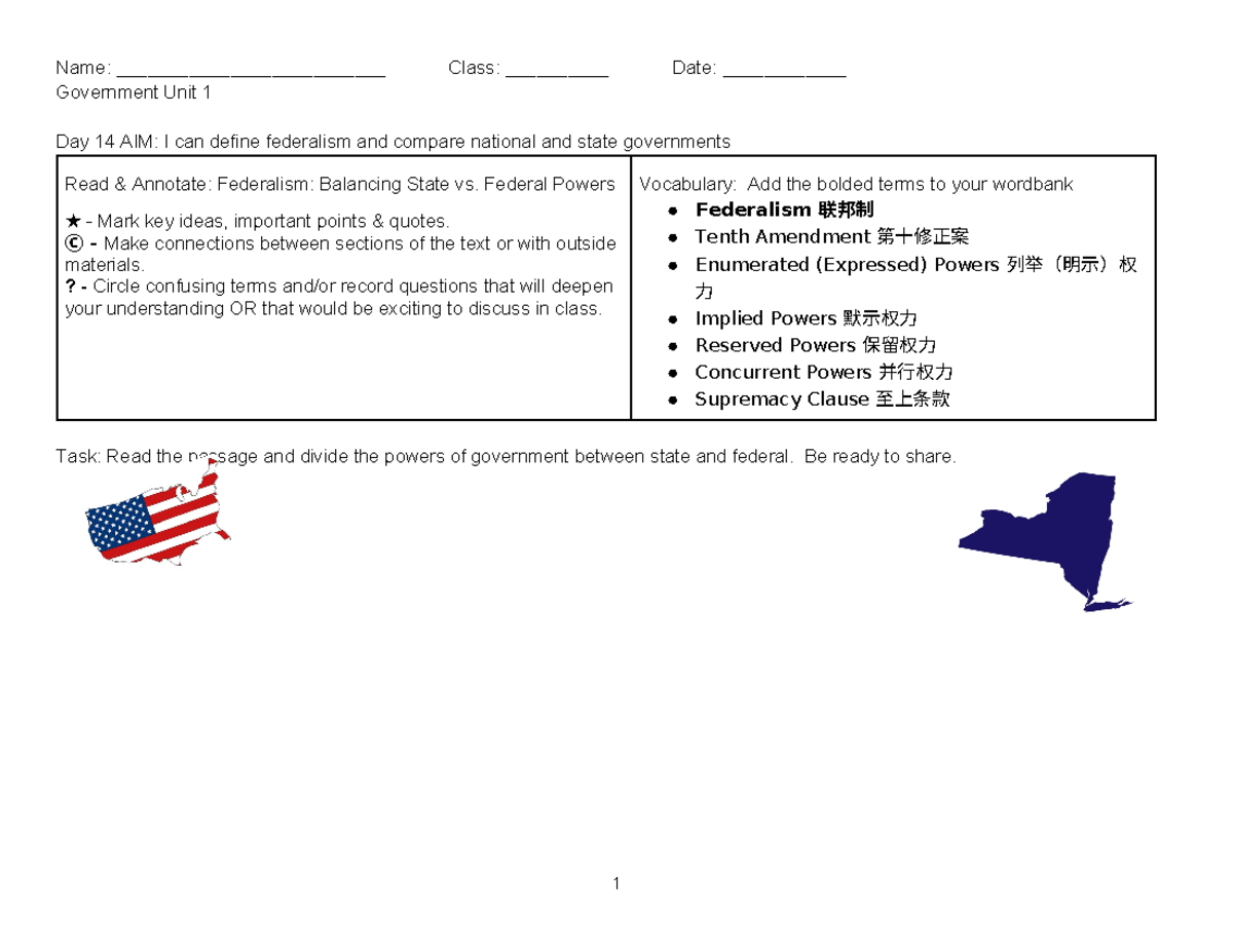 Government Week 1 - Practice worksheet for federalism - Name ...