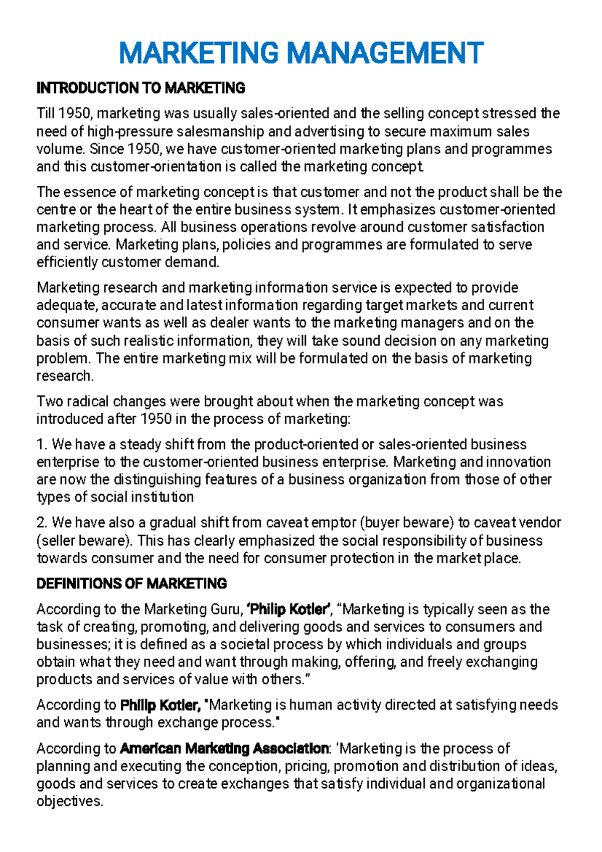 Marketing Management - MARKETING MANAGEMENT INTRODUCTION TO MARKETING ...