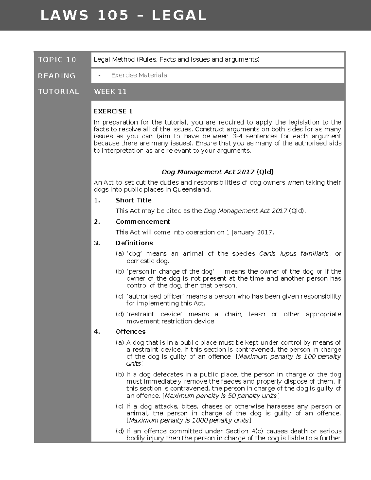 Legal Foundations A - Topic 10 - Legal Method tutorial 231 - L A W S 1 ...