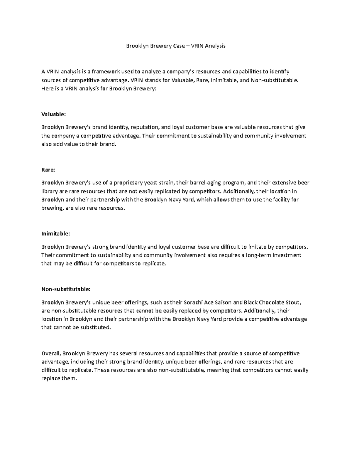 Brooklyn Brewery Case - VRIN Analysis - VRIN stands for Valuable, Rare ...