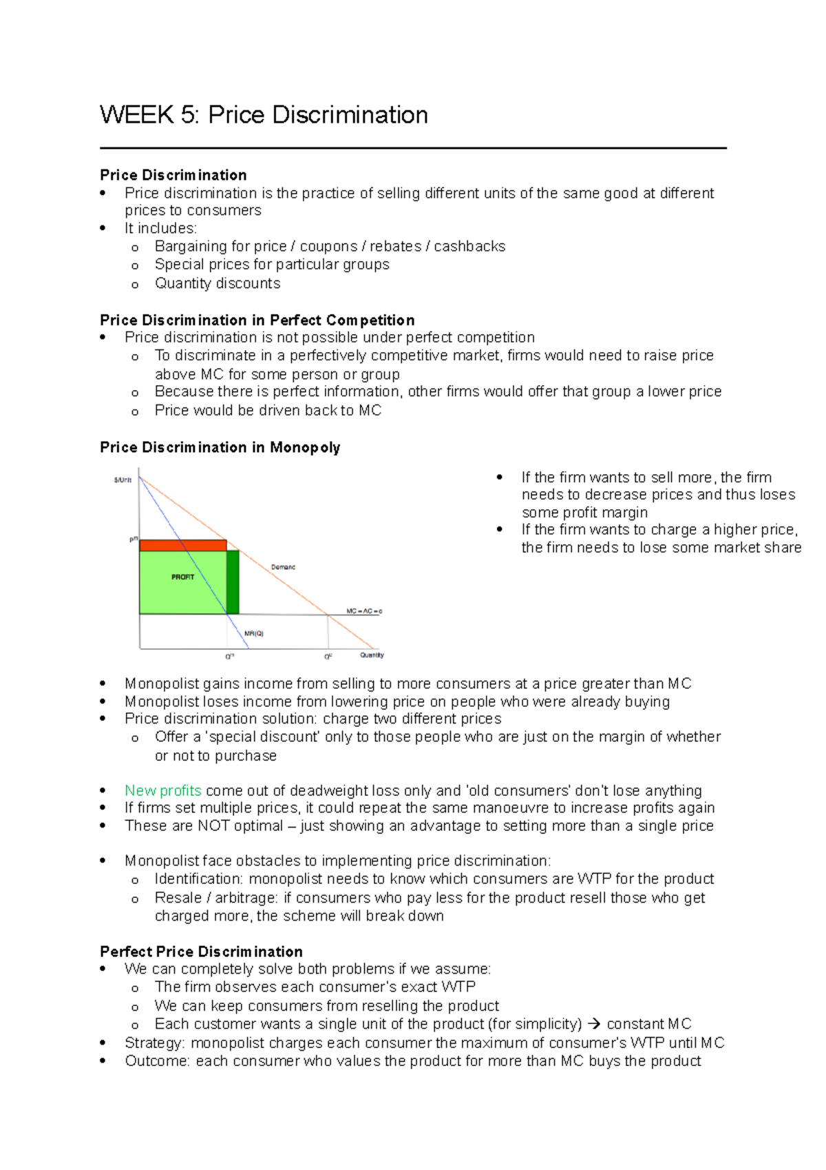 ECON3121 WK5 - Lecture summary notes - WEEK 5: Price Discrimination ...