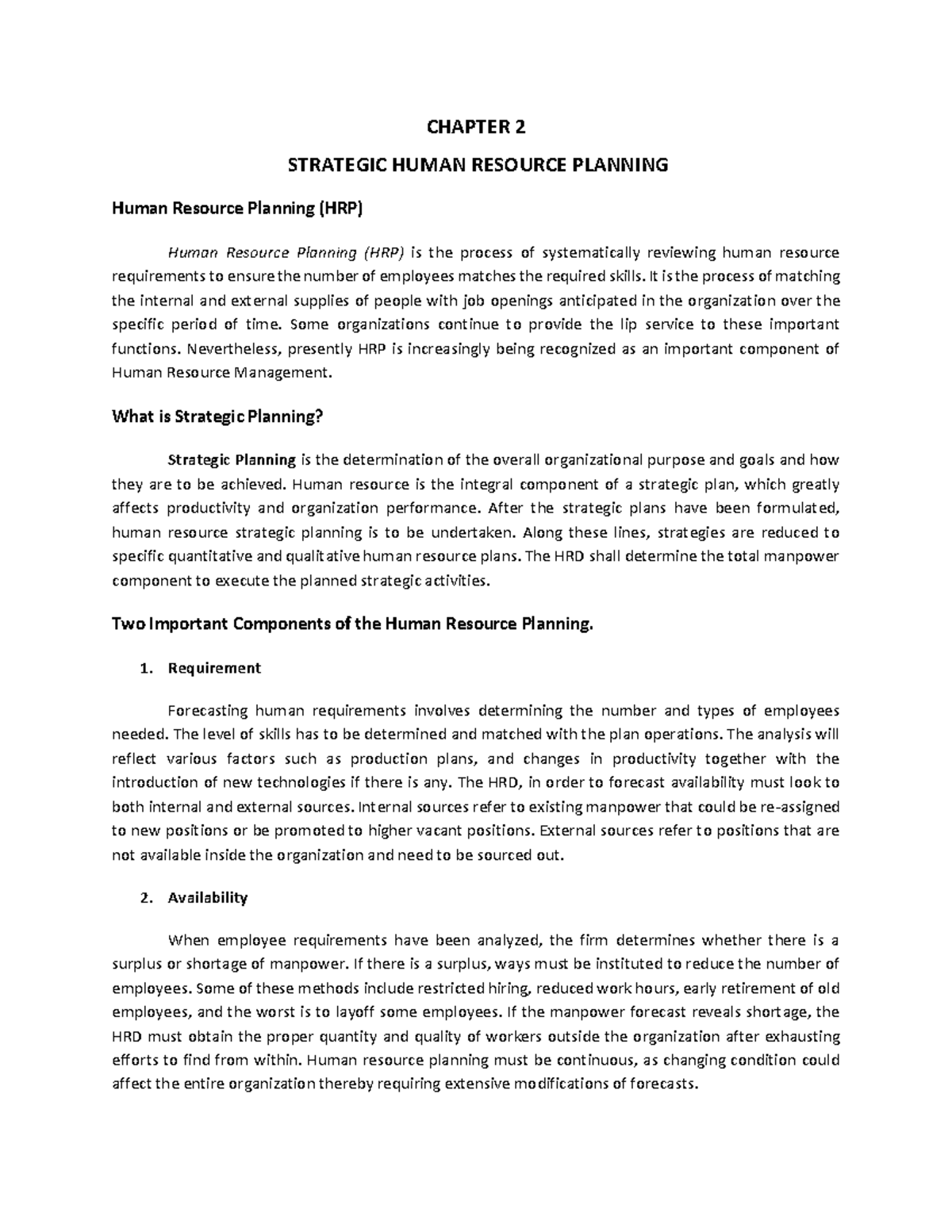 Chapter-2 Strategic-HR-Planning - CHAPTER 2 STRATEGIC HUMAN RESOURCE PLANNING Human Resource ...