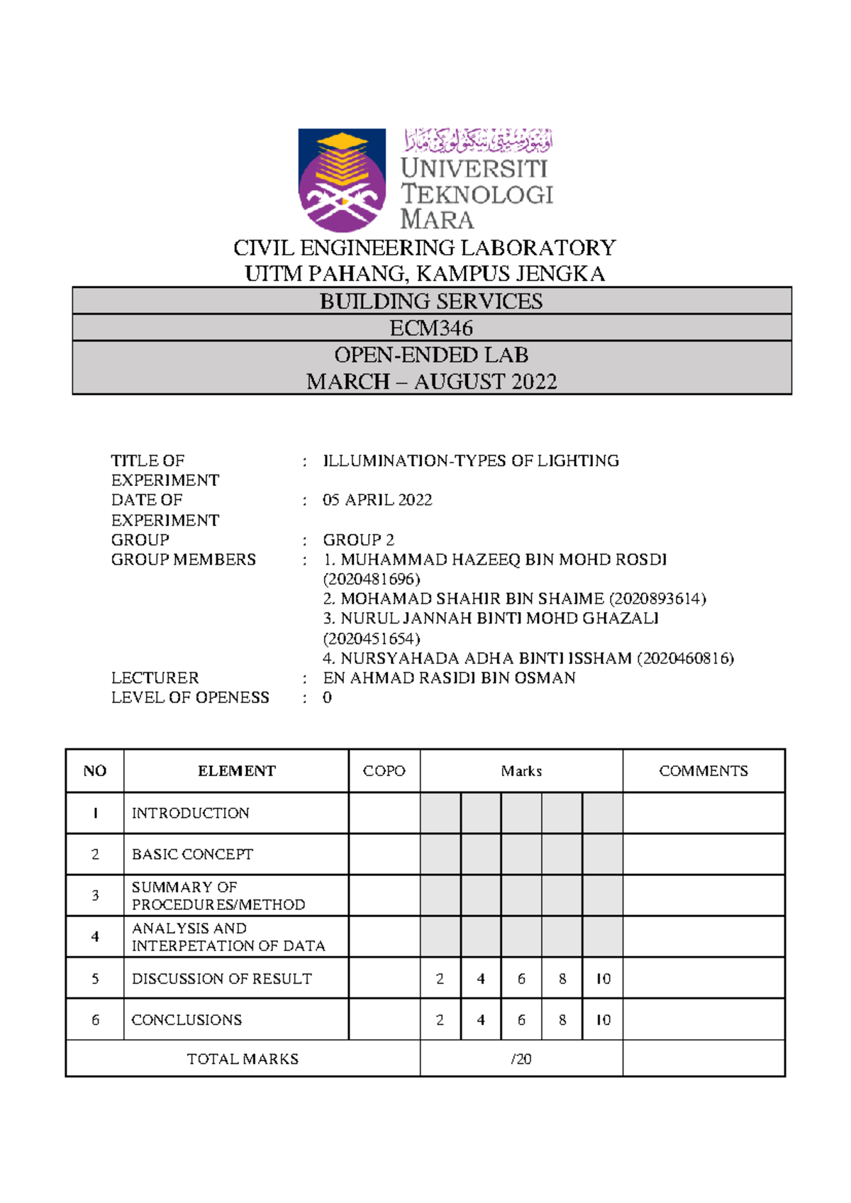 Lab ECM346 Illumination - CIVIL ENGINEERING LABORATORY UITM PAHANG, KAMPUS JENGKA BUILDING ...