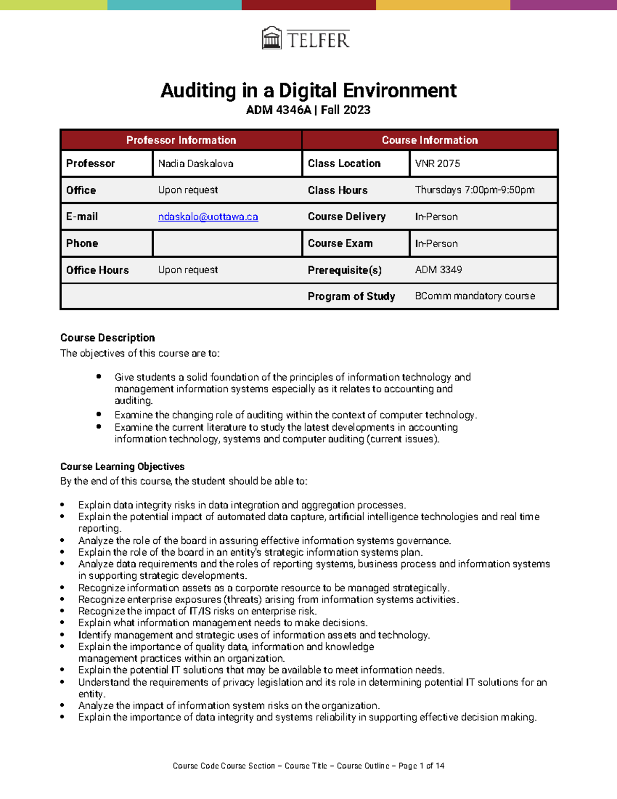 Course Outline - 。。。。 - Auditing in a Digital Environment ADM 4346A ...