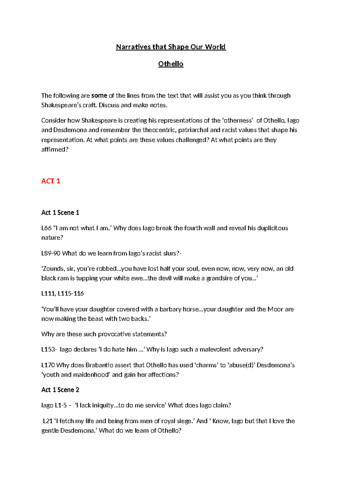 Othello Class Notes Act 1 - Narratives that Shape Our World Othello The ...